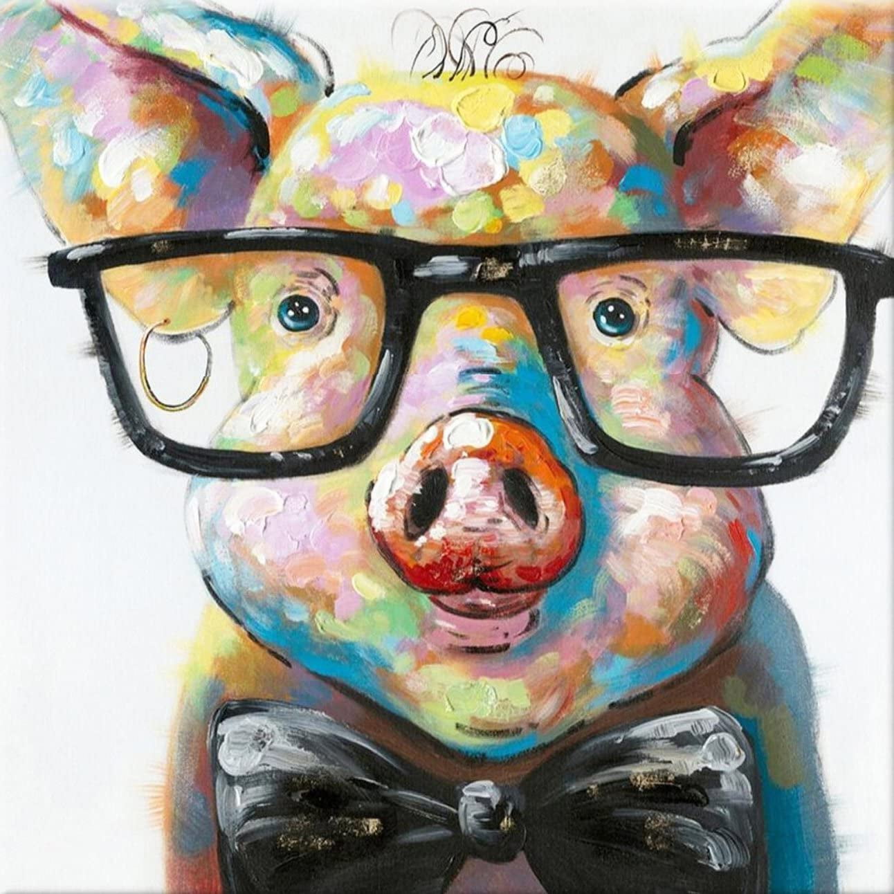 AXXPosters-Hand Painted Cute Pig with Glasses Canvas Oil Paintings for ...