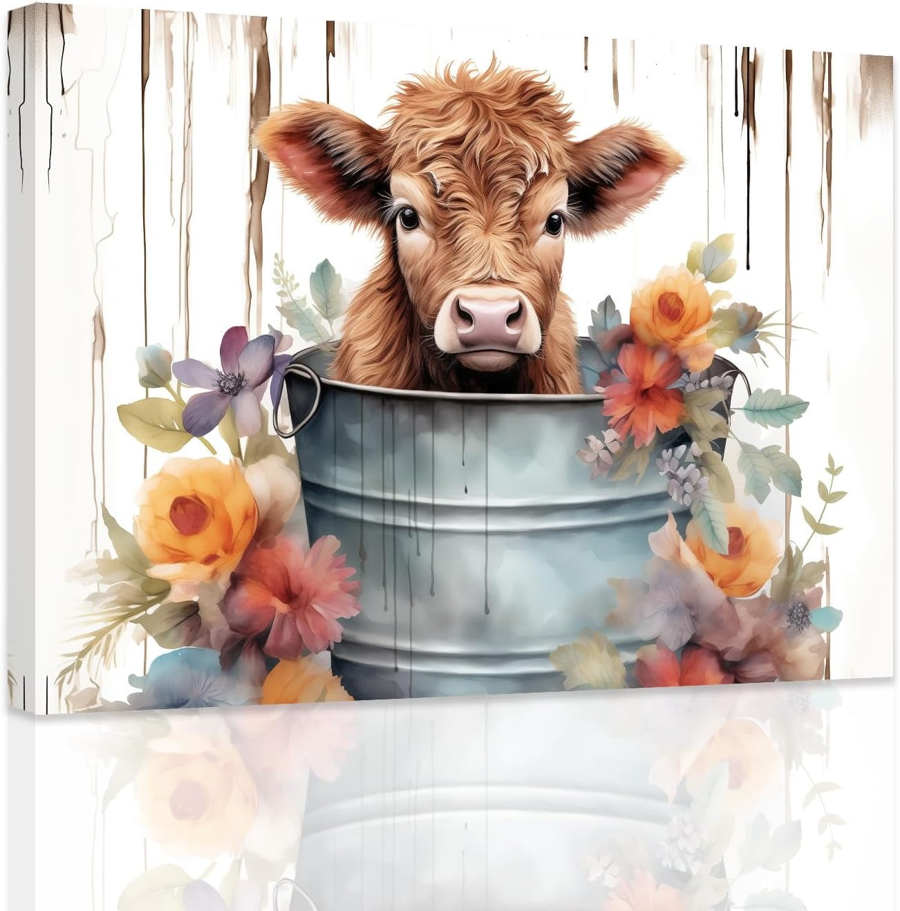 AXXPosters Highland Cow Bathroom Wall Art Cattle Baby in Bucket Canvas ...