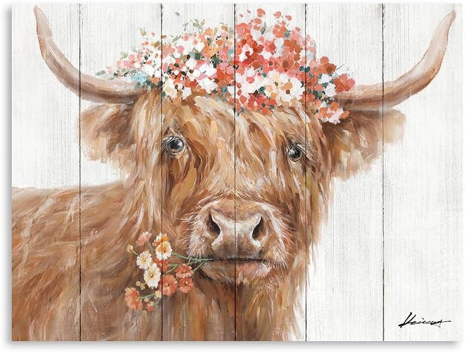 AXXPosters-Highland Cow Canvas Farmhouse Decor: Funny Cow Wall Art with Flowers Staring at You ...