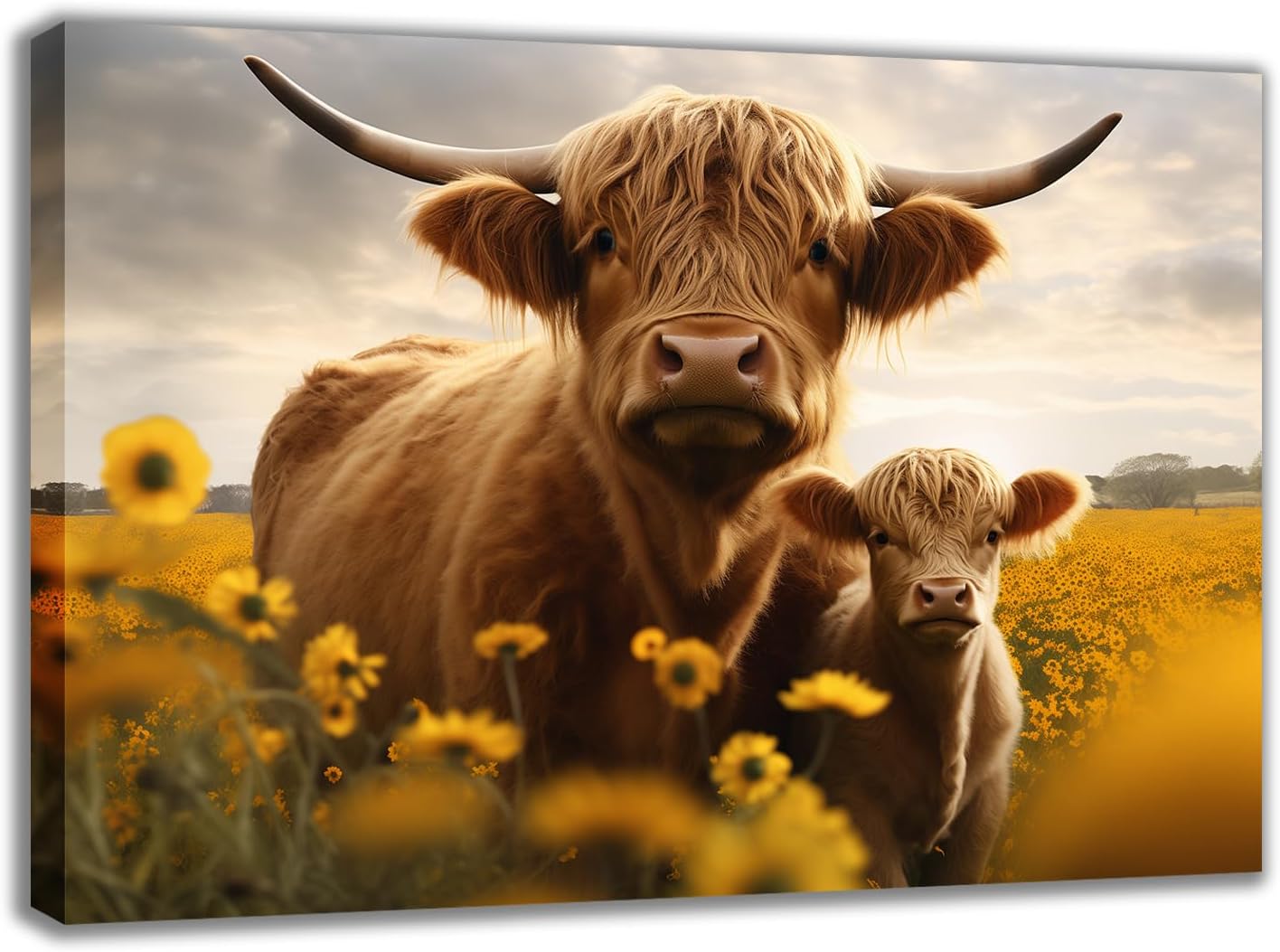 AXXPosters Highland Cow Canvas Wall Art, A Large Field of Sunflowers ...