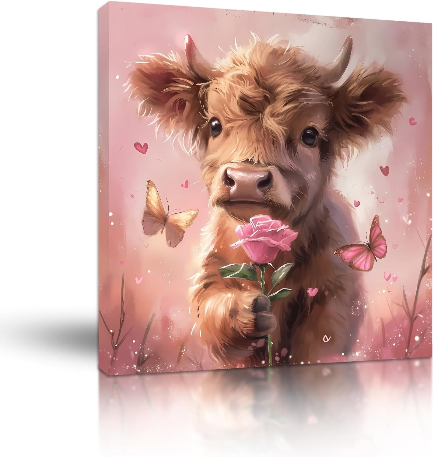 AXXPosters-Highland Cow Decor - Adorable Highland Cow with Rose Canvas ...