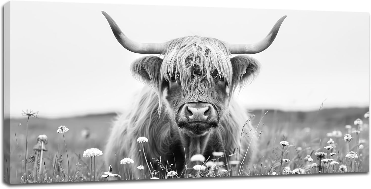 AXXPosters-Highland Cow Extra Large Wall Art for Living Room Black and ...
