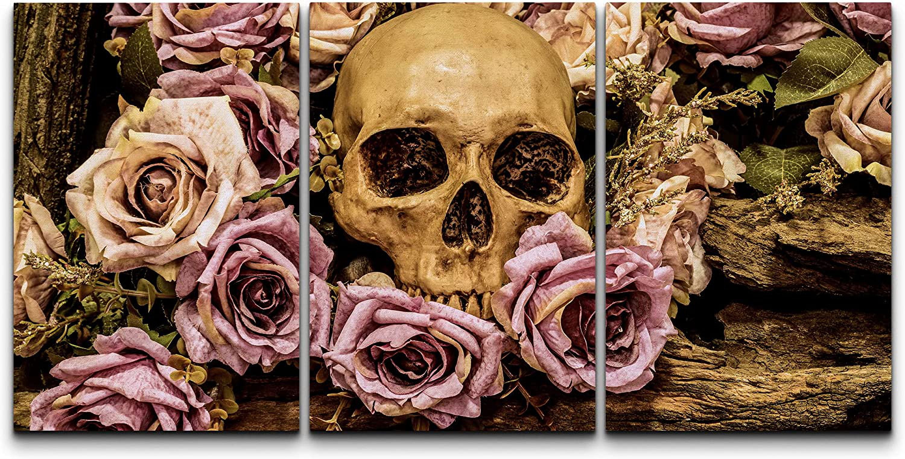 AXXPosters -- Human Skull Roses Background - Canvas Art Wall Art - 24 ...