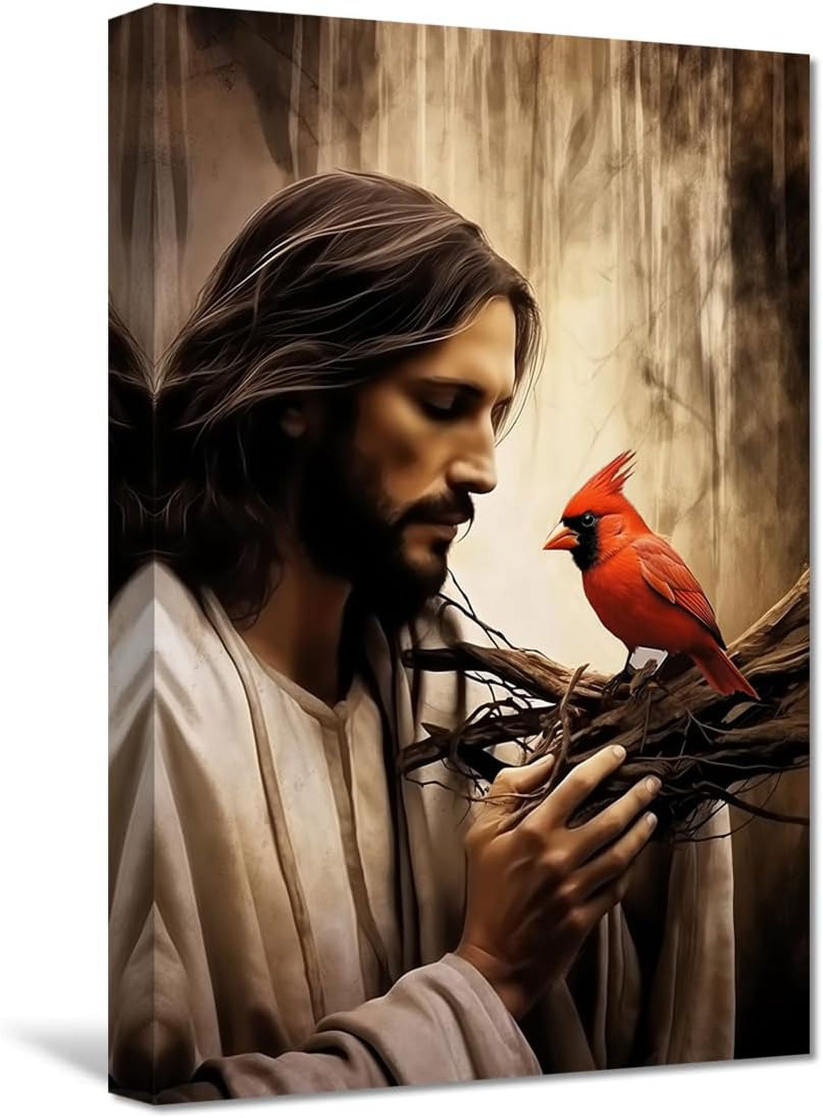 AXXPosters-Jesus Canvas Wall Art Jesus with Red Birds Cardinal Picture ...