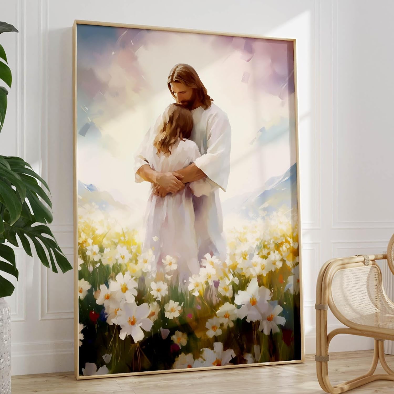 AXXPosters Jesus Hugging Girl Canvas Art Jesus Flower Painting Jesus and Woman Wall Art ...