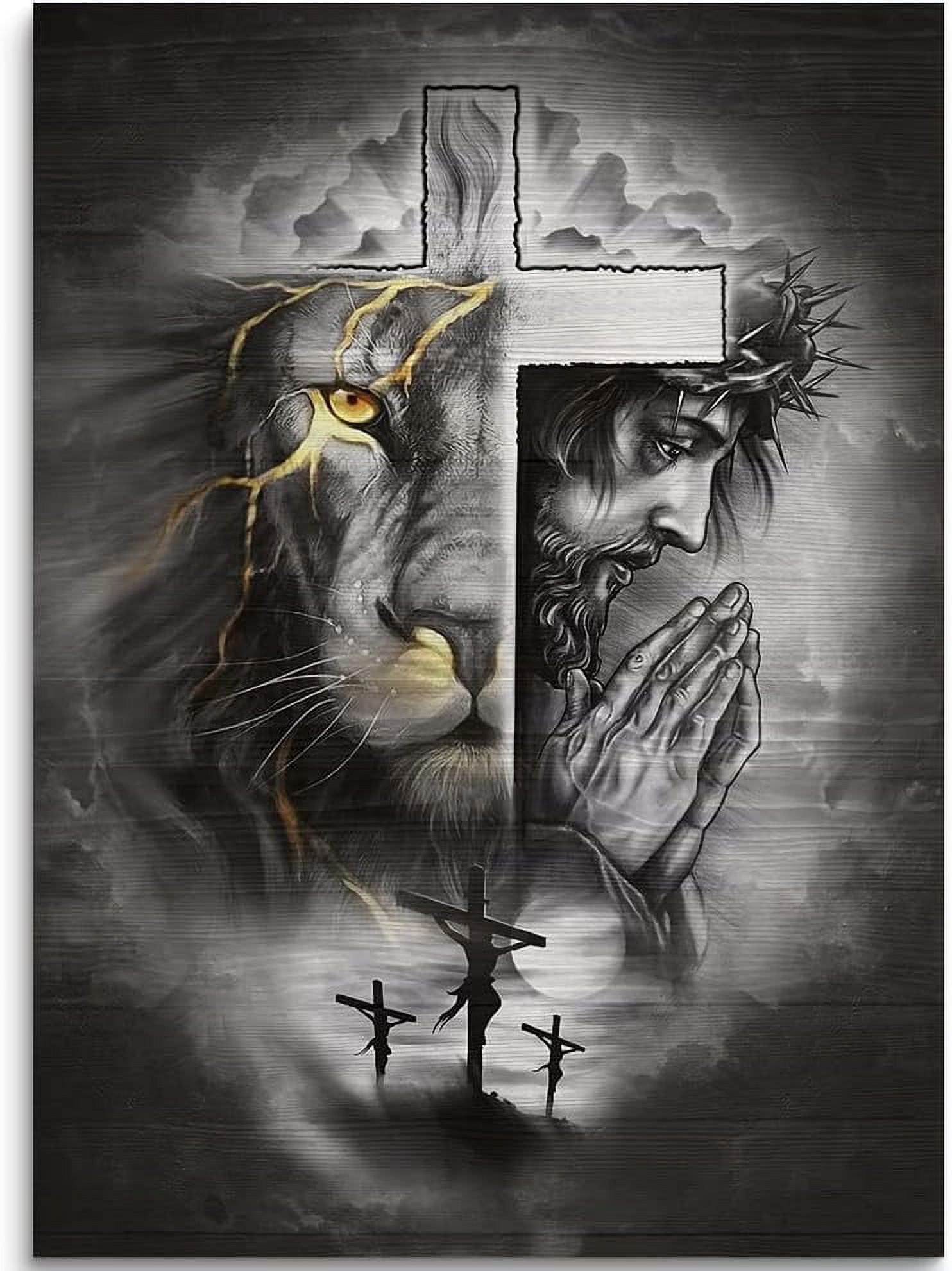 AXXPosters- Jesus and Lion Wall Art Prints Painting Black and White Religious Jesus The Cross ...
