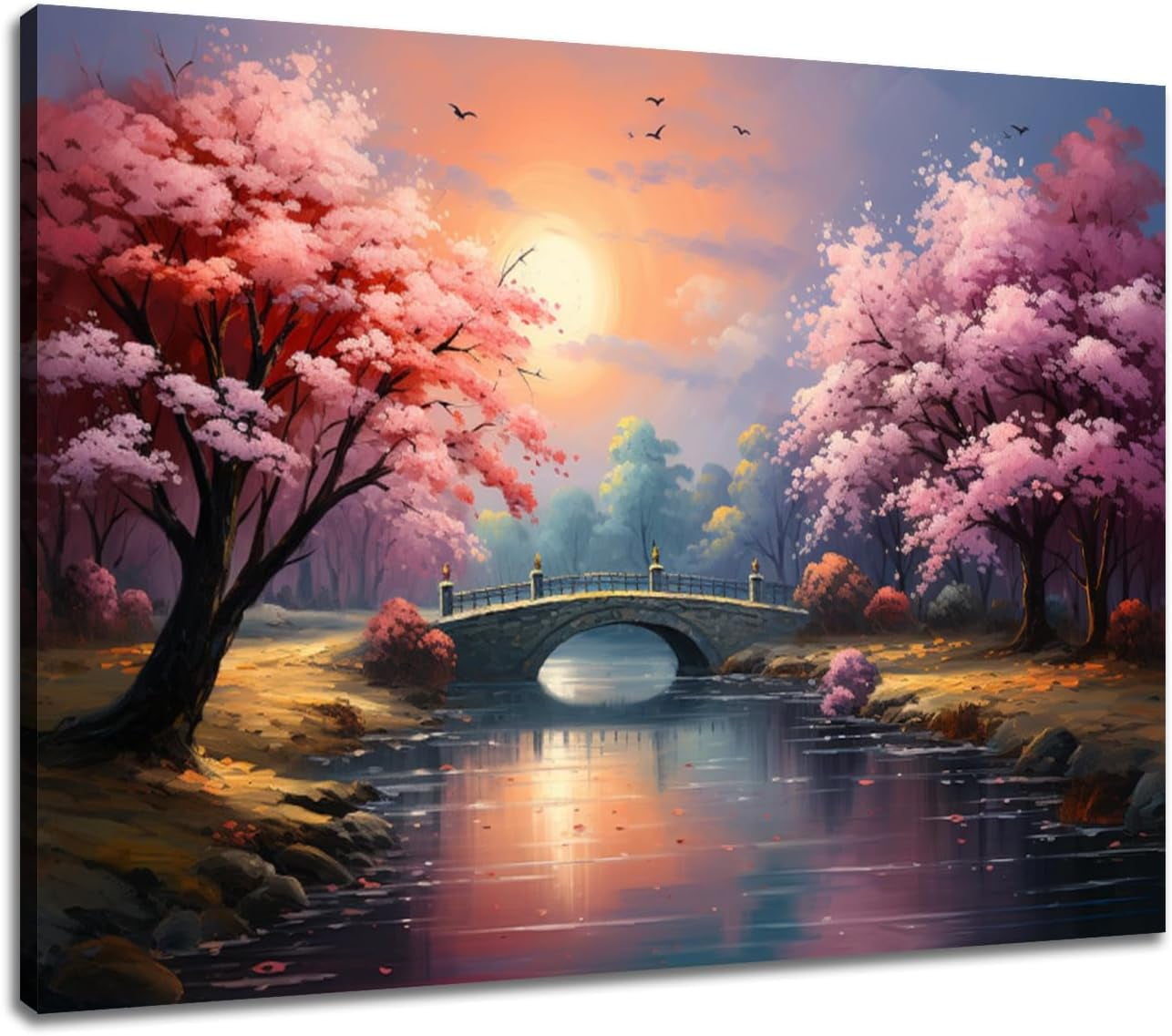 AXXPosters-Landscape Bridge Canvas Wall Art Home Decor Pink Trees and Full Moon Poster Print ...