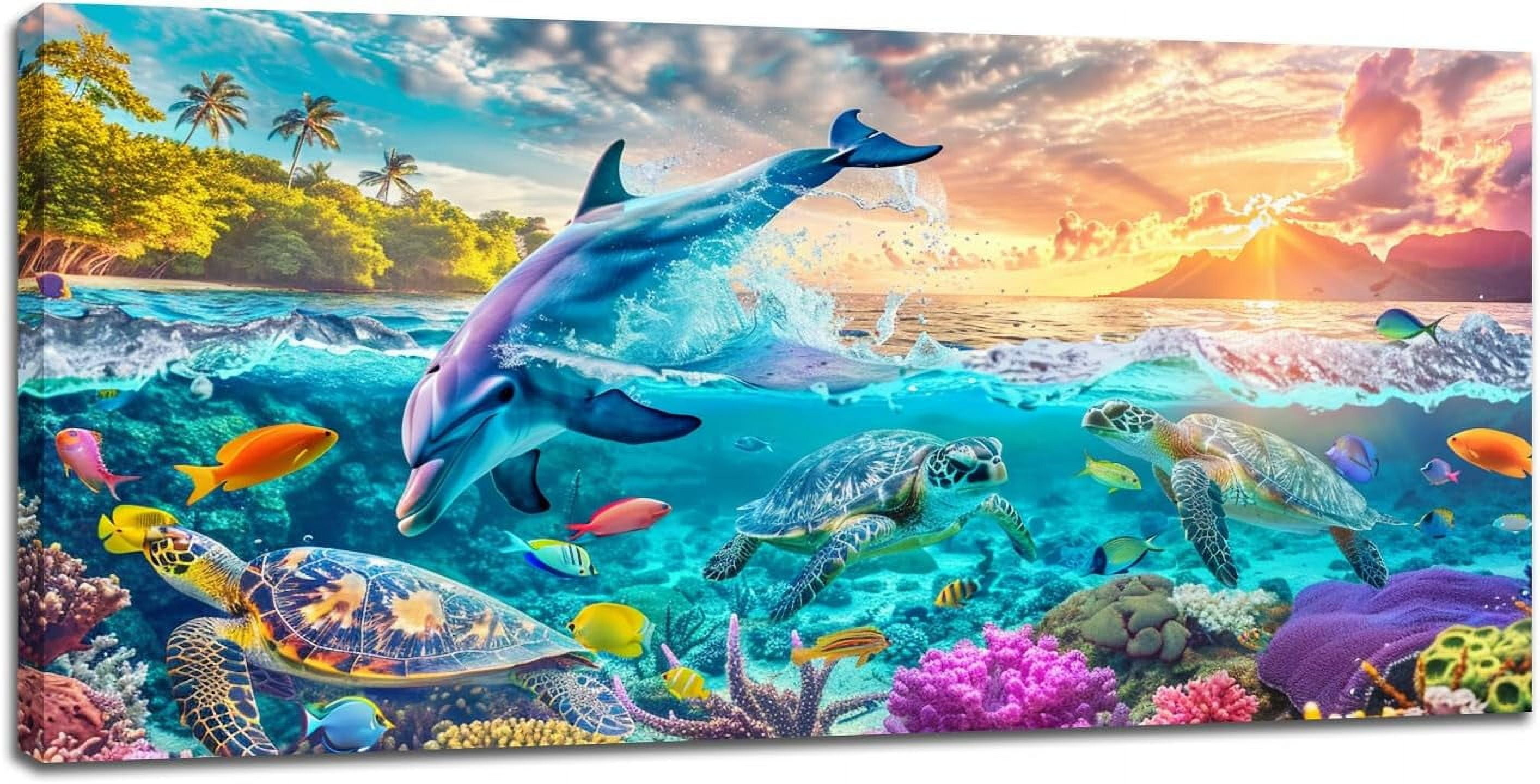 AXXPosters-Large Wall Art for Living Room Dolphin Sea Turtle Pictures Wall Decor Ocean Landscape ...