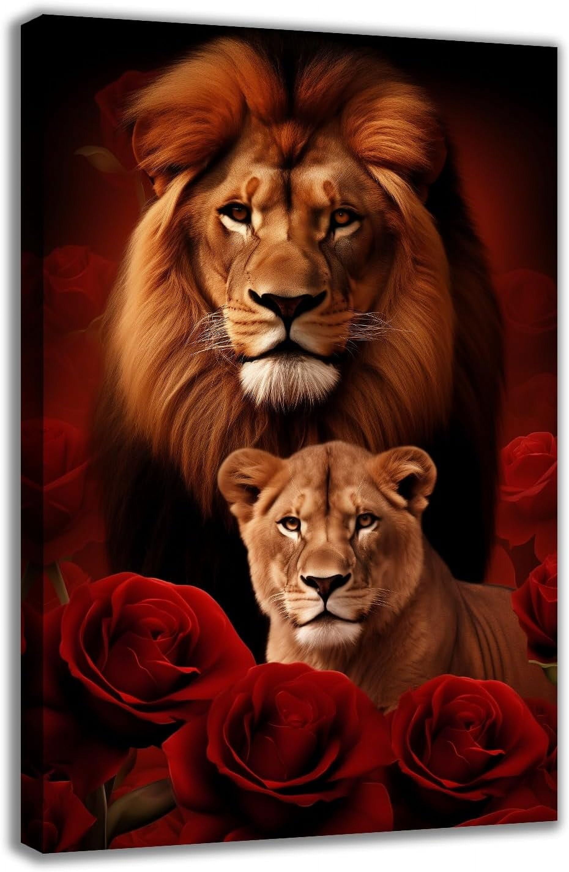 AXXPosters Lion Canvas Wall Art, Dad and Baby Lions with Red Roses ...