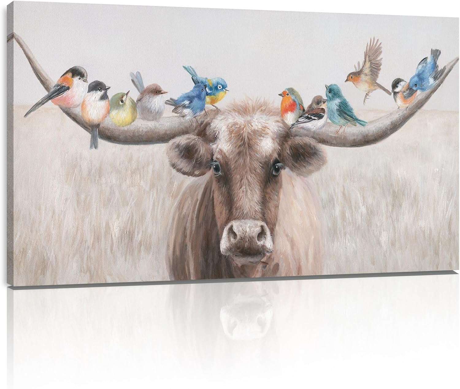 AXXPosters-Living Room Wall Art Longhorn Cow with Birds Farm Canvas ...
