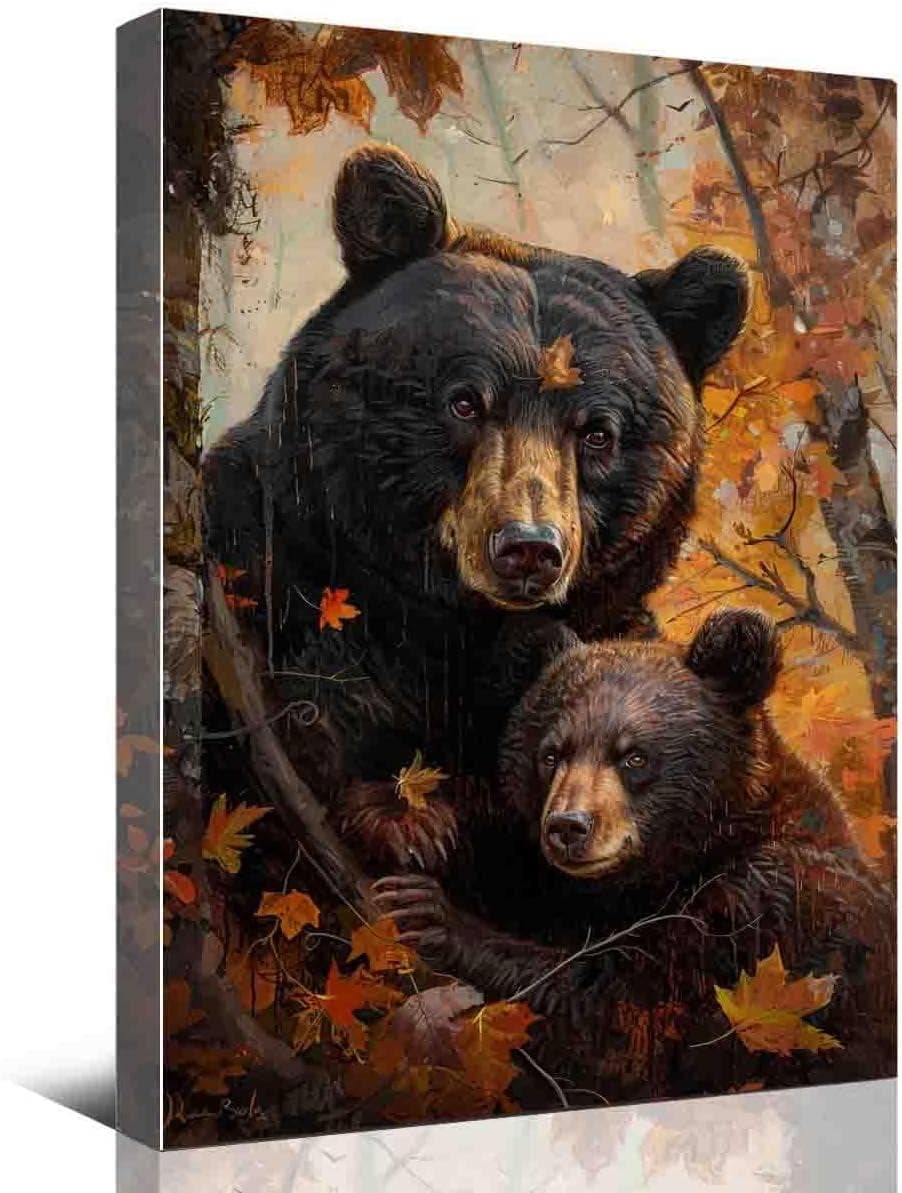 AXXPosters Mama Bear And Baby Bear Vintage In The Fall Forest,Animal ...
