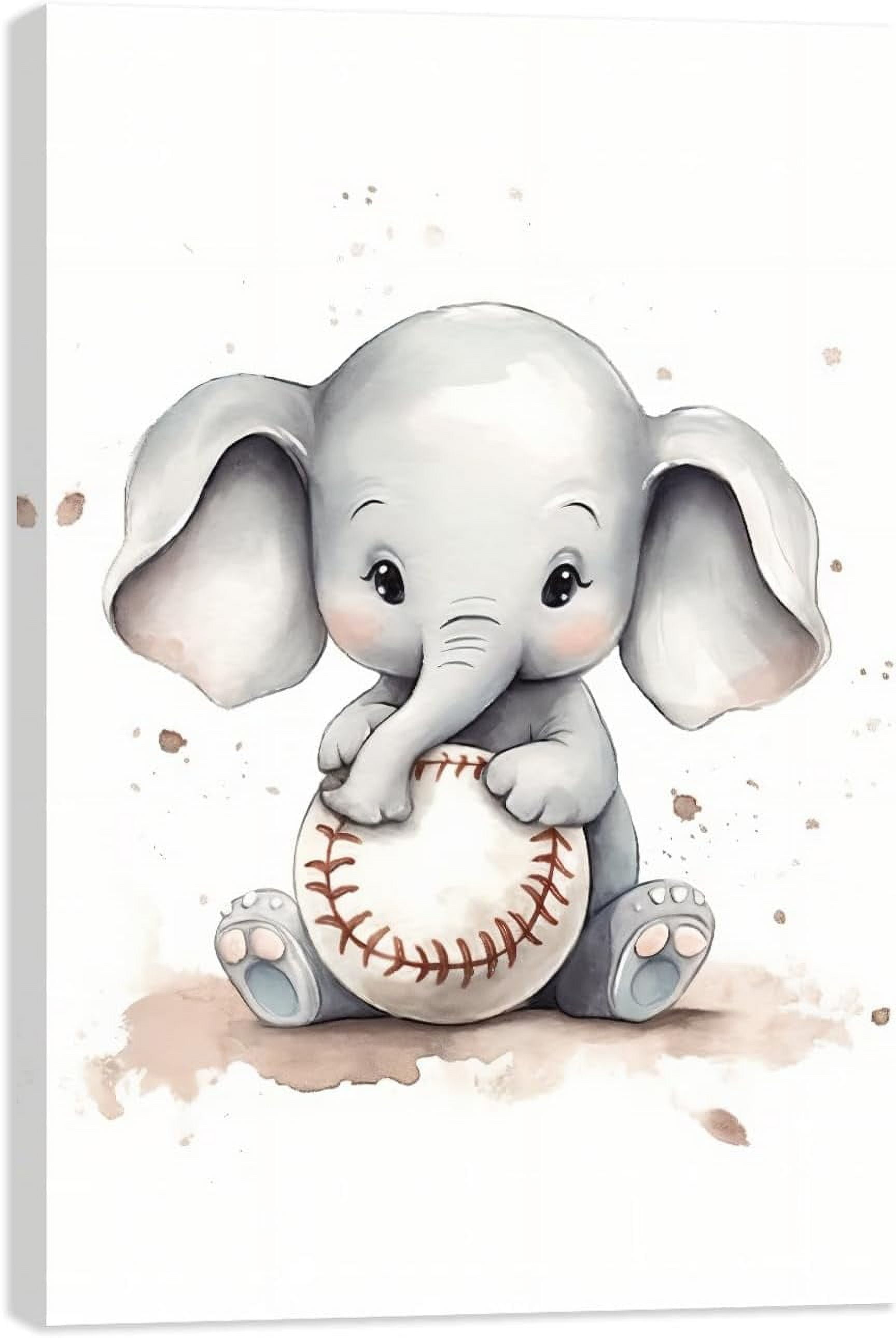 AXXPosters Nursery Elephant Canvas Wall Art, Baby Elephant and Baseball ...