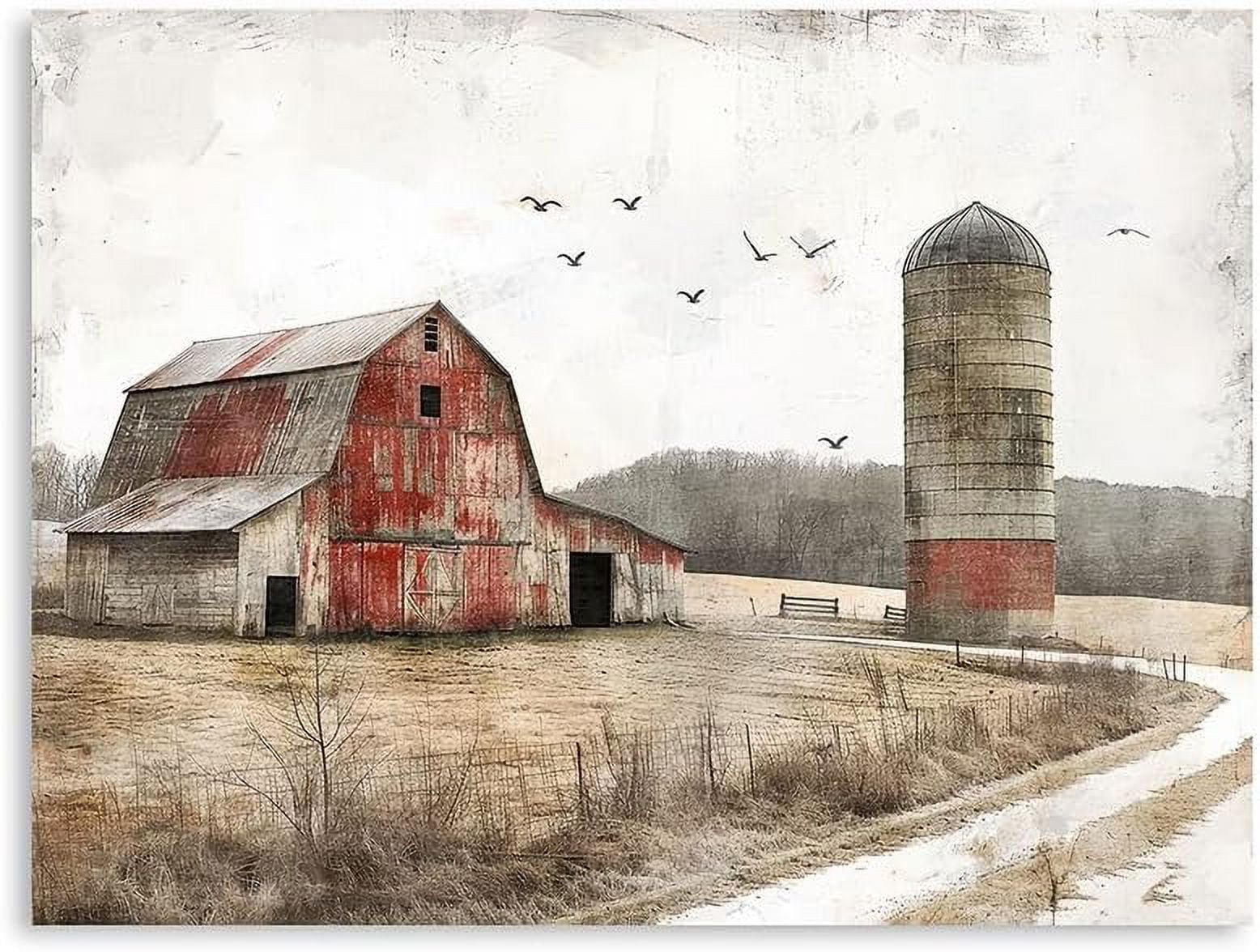 AXXPosters-Old Red Barn with Silo Cavnas Art Print, Country Charm ...
