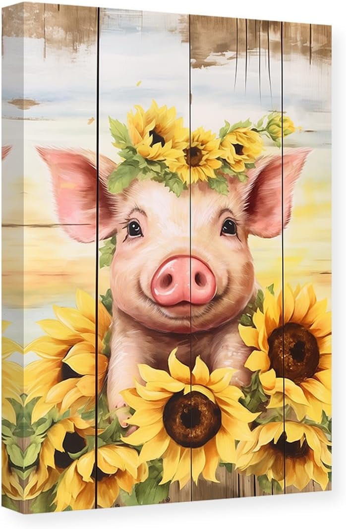 AXXPosters Pig Canvas Wall Art Cute Pig and Sunflowers Pictures Rustic ...