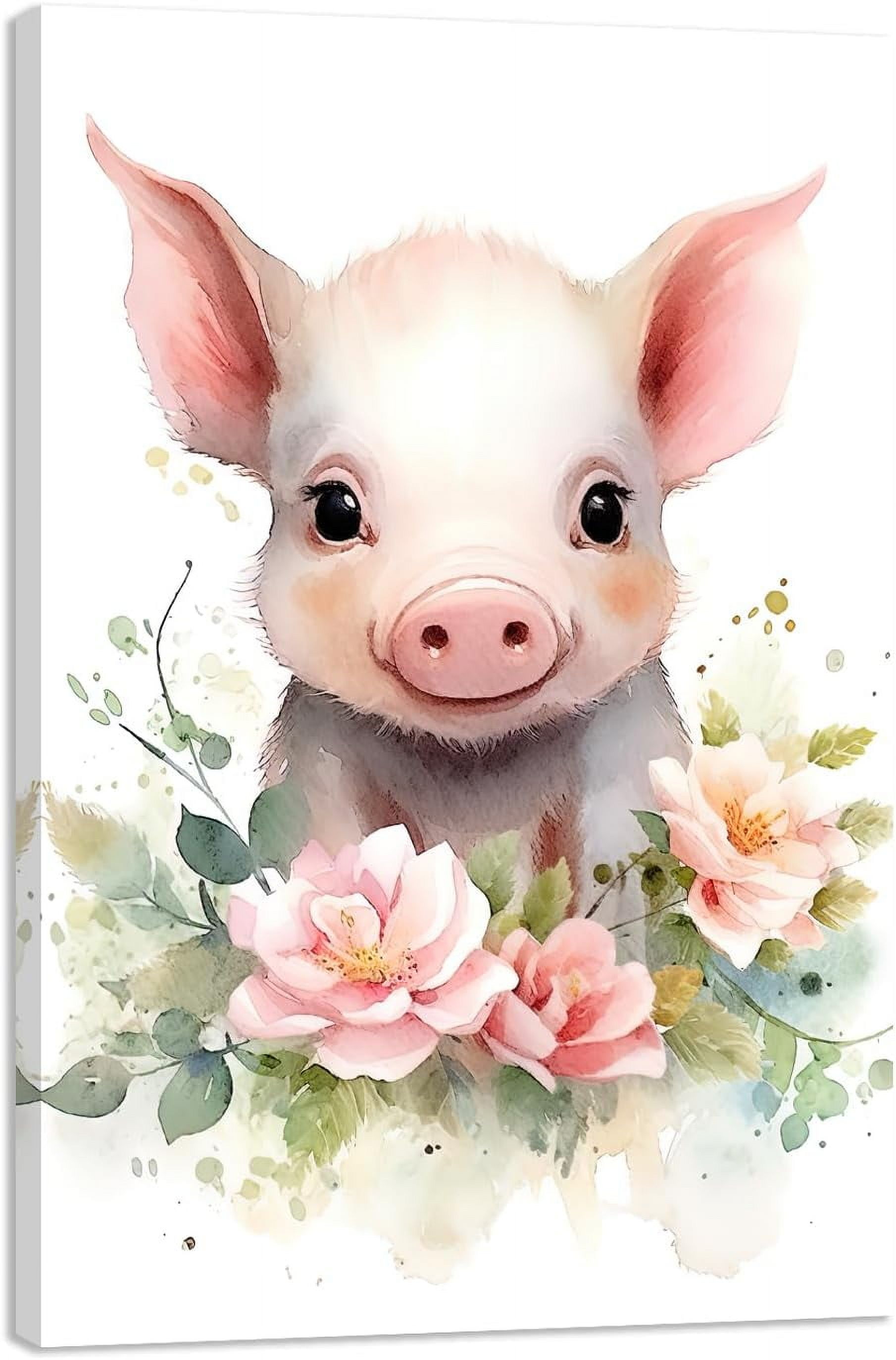 AXXPosters Pig Canvas Wall Art, Pink Pig with Flowers Painting Print ...
