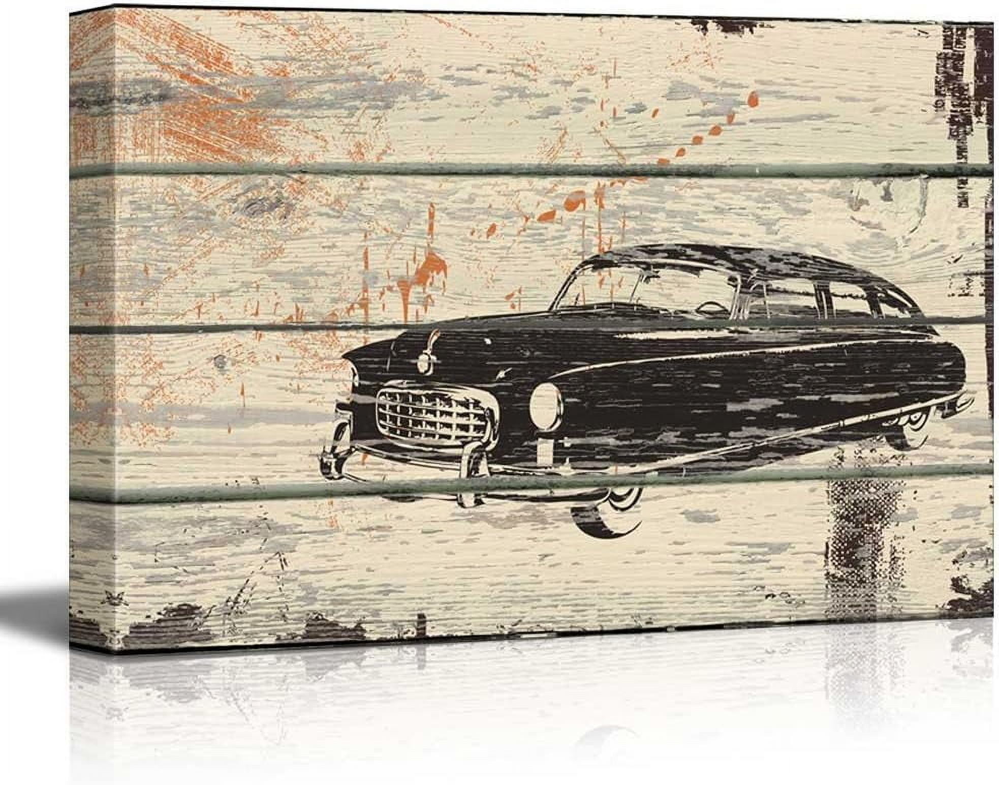 AXXPosters-- Retro Car Print White Wall Tires Artwork - Rustic Canvas ...