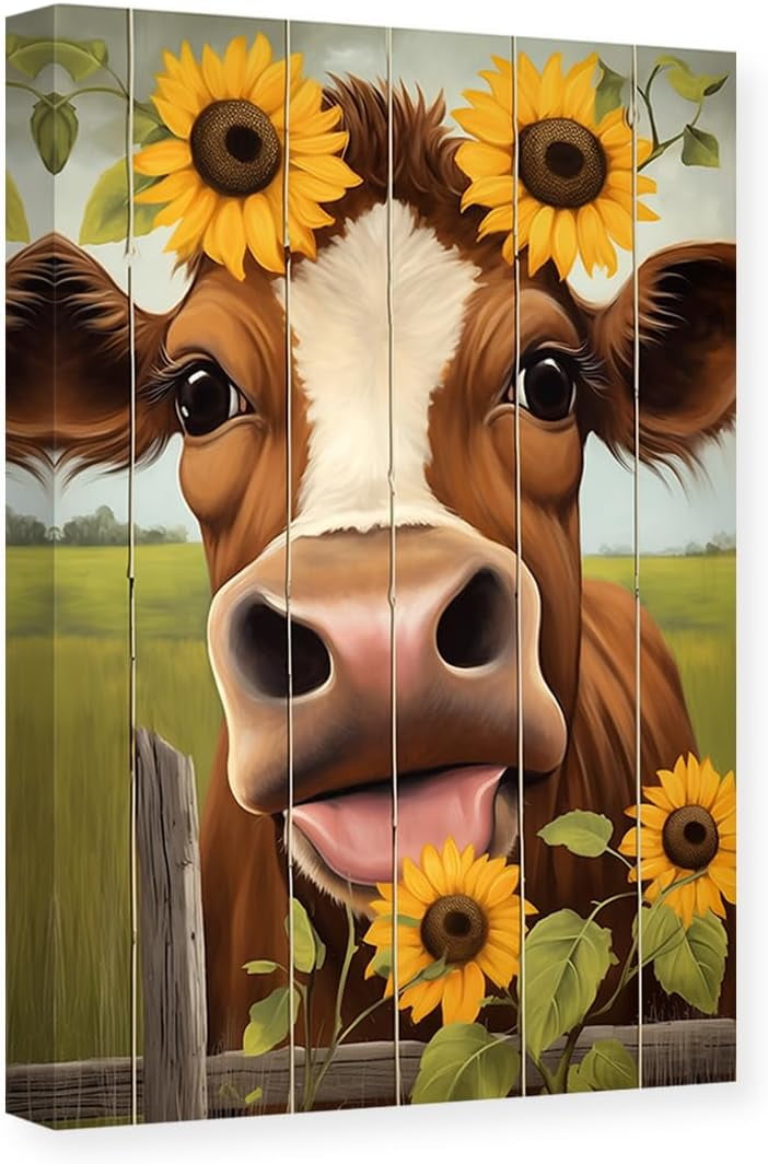 AXXPosters Rustic Cow Pictures Wall Decor Farm Animal Canvas Wall Art Funny Cow Sunflower ...