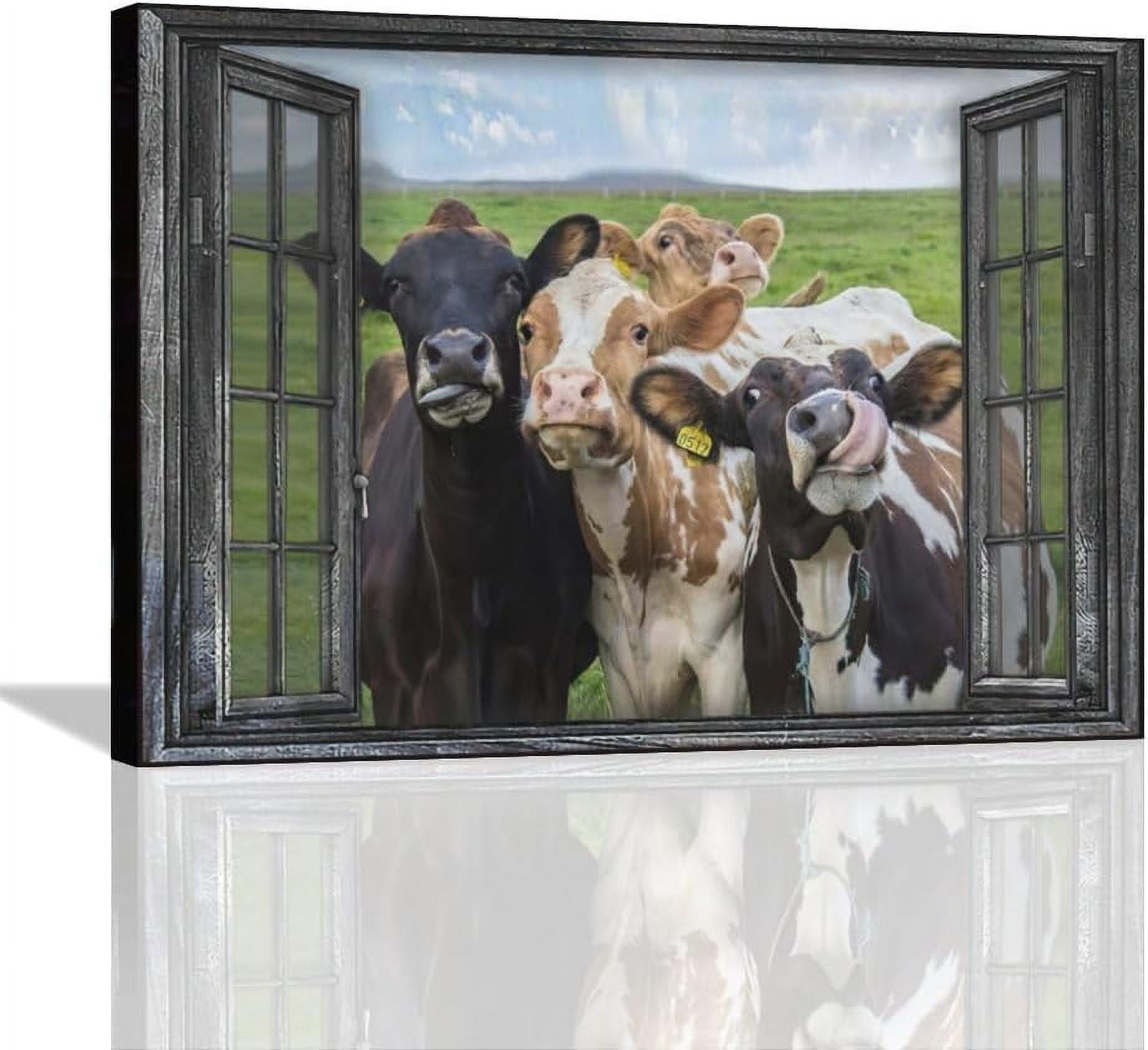 AXXPosters-Rustic Cow Wall Art Funny Cows Window Pictures Wall Decor Farmhouse Cow Canvas ...