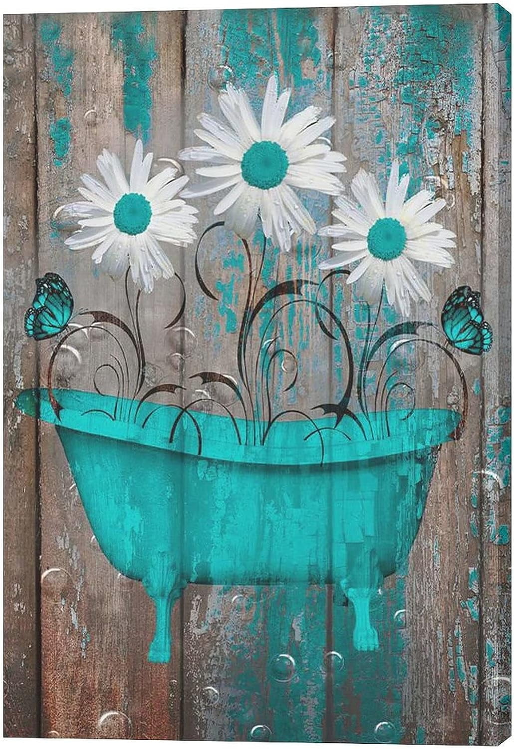 AXXPosters-Rustic Teal Brown Farmhouse Bathroom Decor Daisy Flowers ...