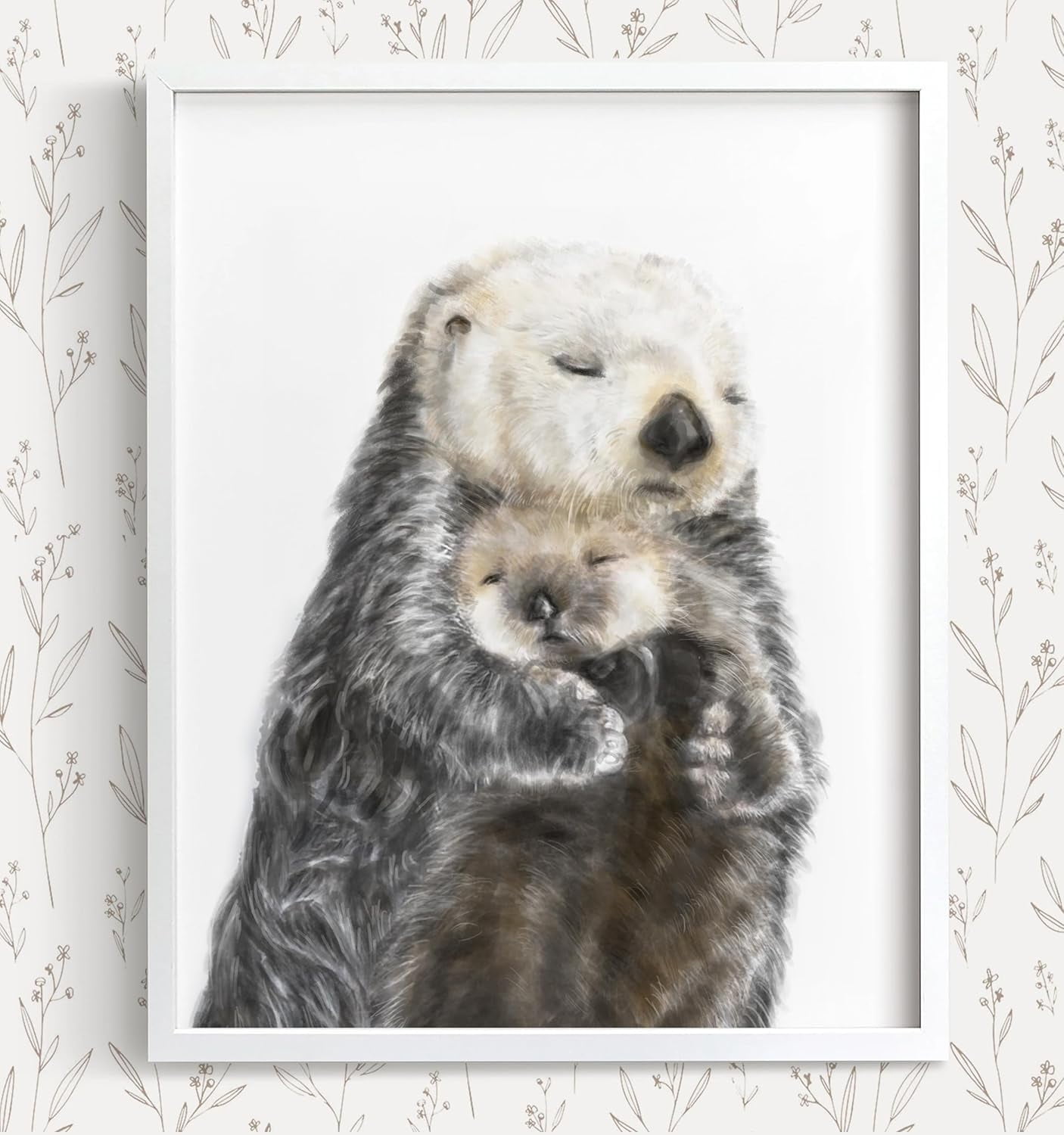 AXXPosters Sea Otter Mom and Cub Art Print, Cute Baby Painting, Best ...