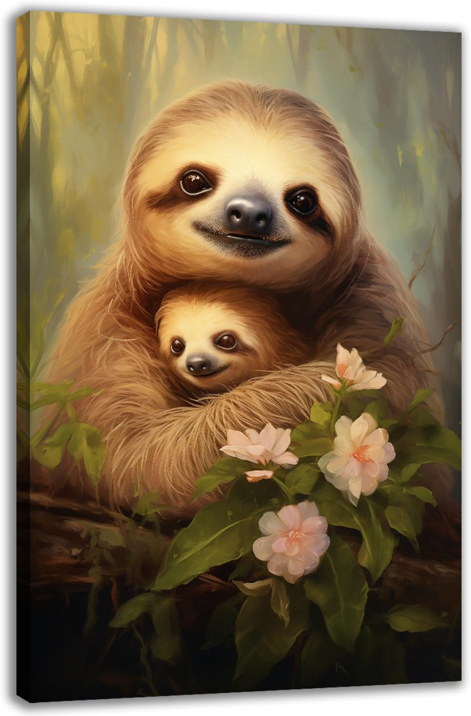 AXXPosters Sloth Canvas Wall Art, Baby Sloth and Mother Sloth Painting ...