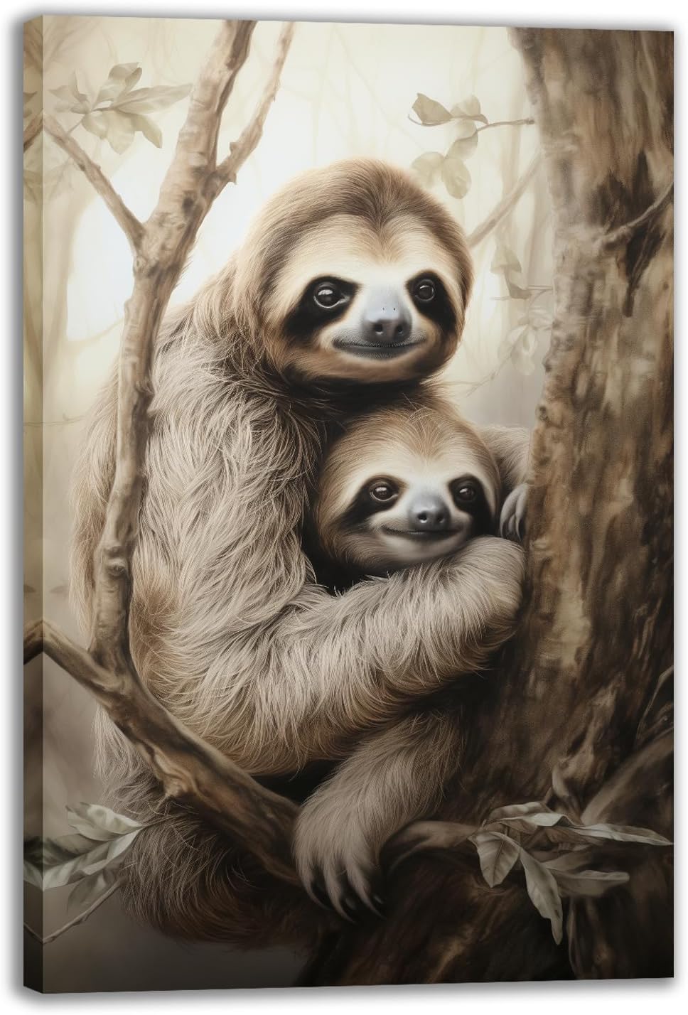AXXPosters Sloth Canvas Wall Art, Sloths on Branches Poster Painting ...