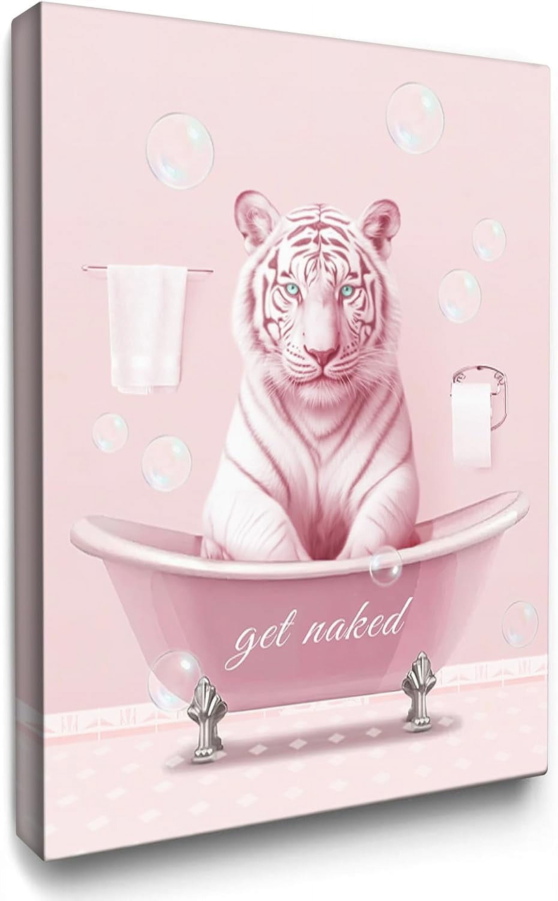 AXXPosters- Tiger Bathroom Decor Wall Art Pink Bathroom Painting Wall Decor Tiger Sitting in ...