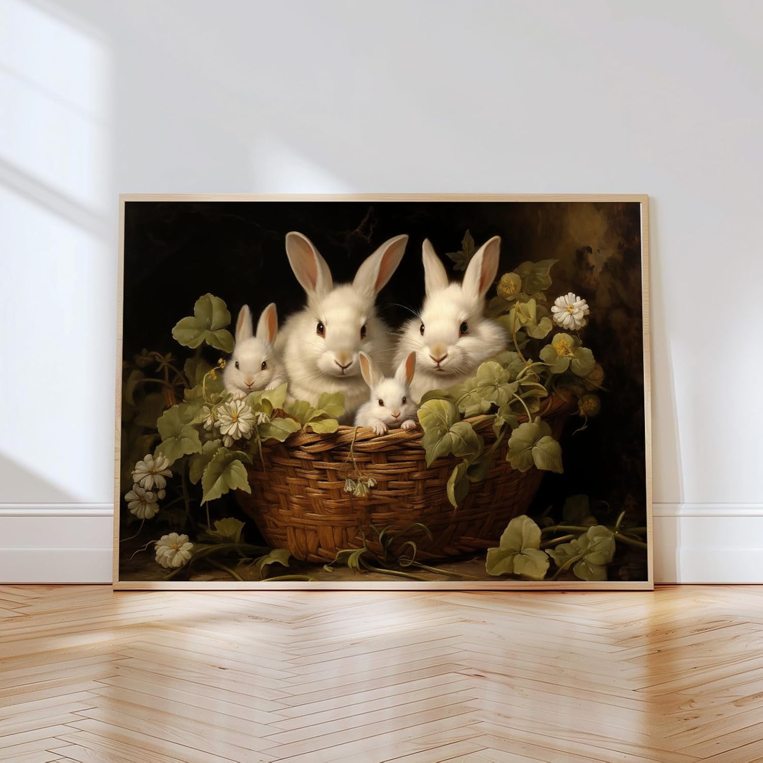 AXXPosters Vintage Rabbit Canvas Wall Art Bunny with Flowers Picture ...