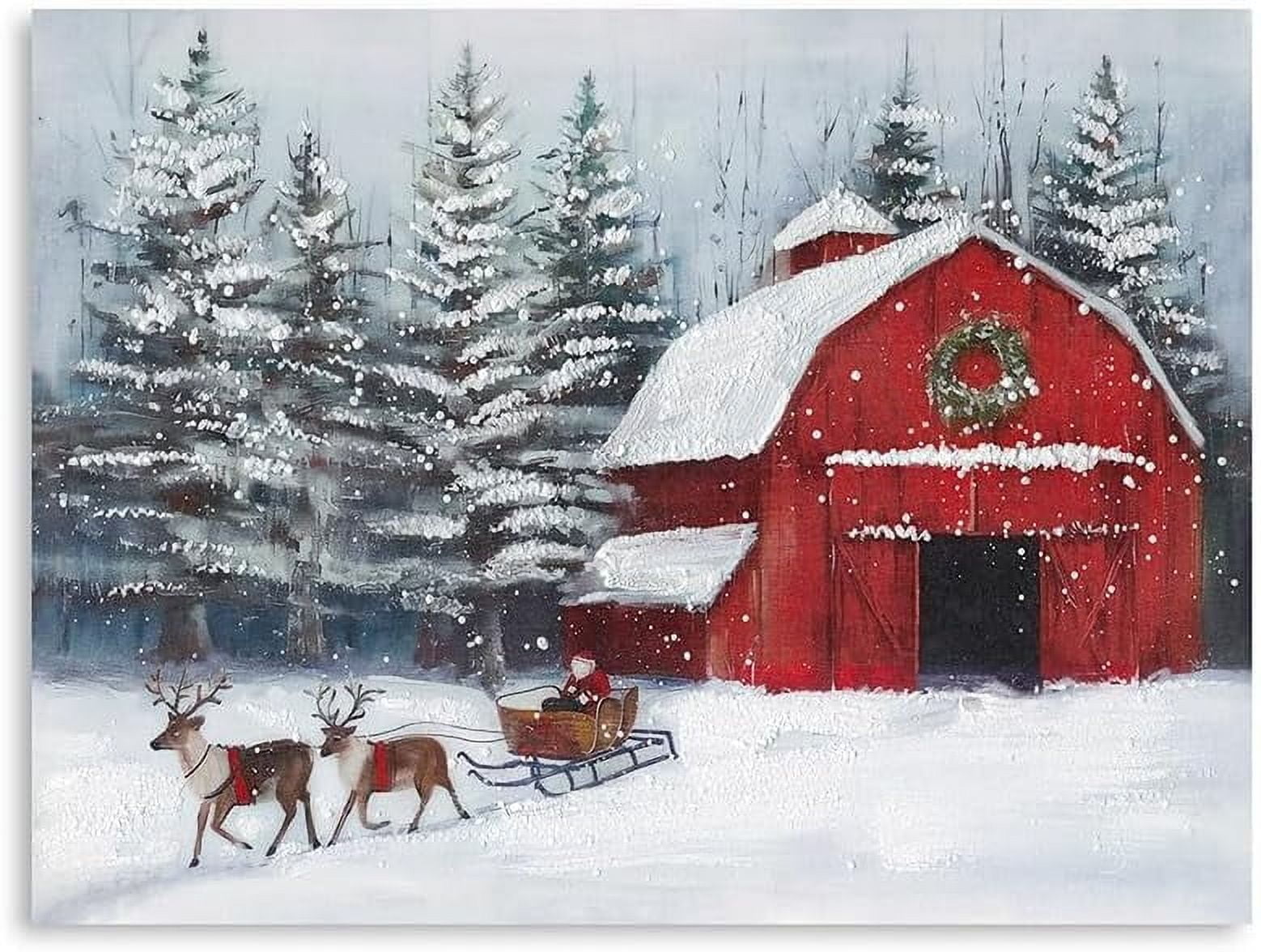 AXXPosters-Winter Christmas Santa Wall Art - Red Barn in Evergreen Tree ...