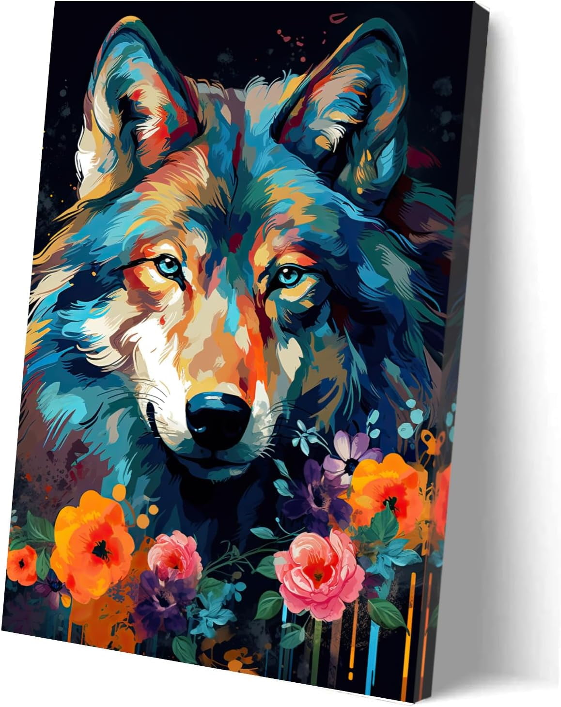 AXXPosters-Wolf Canvas Wall Art Colorful Animal with Flowers Pictures ...