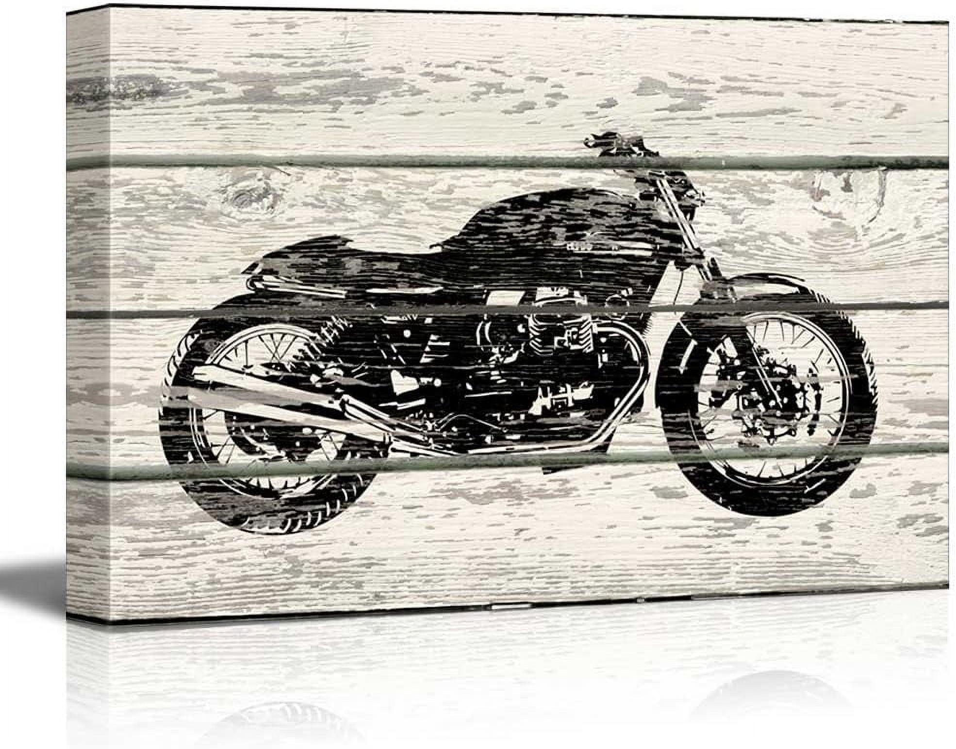 AXXPosters-Woodcut Stencil Motorcycle Artwork Rustic - Canvas Art Wall ...