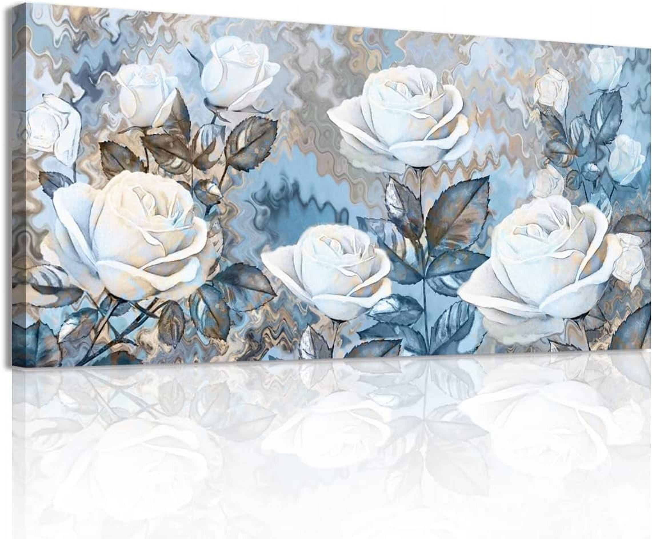 AXXPostersLiving Room Rose Flower Wall Art Blue and White Floral ...