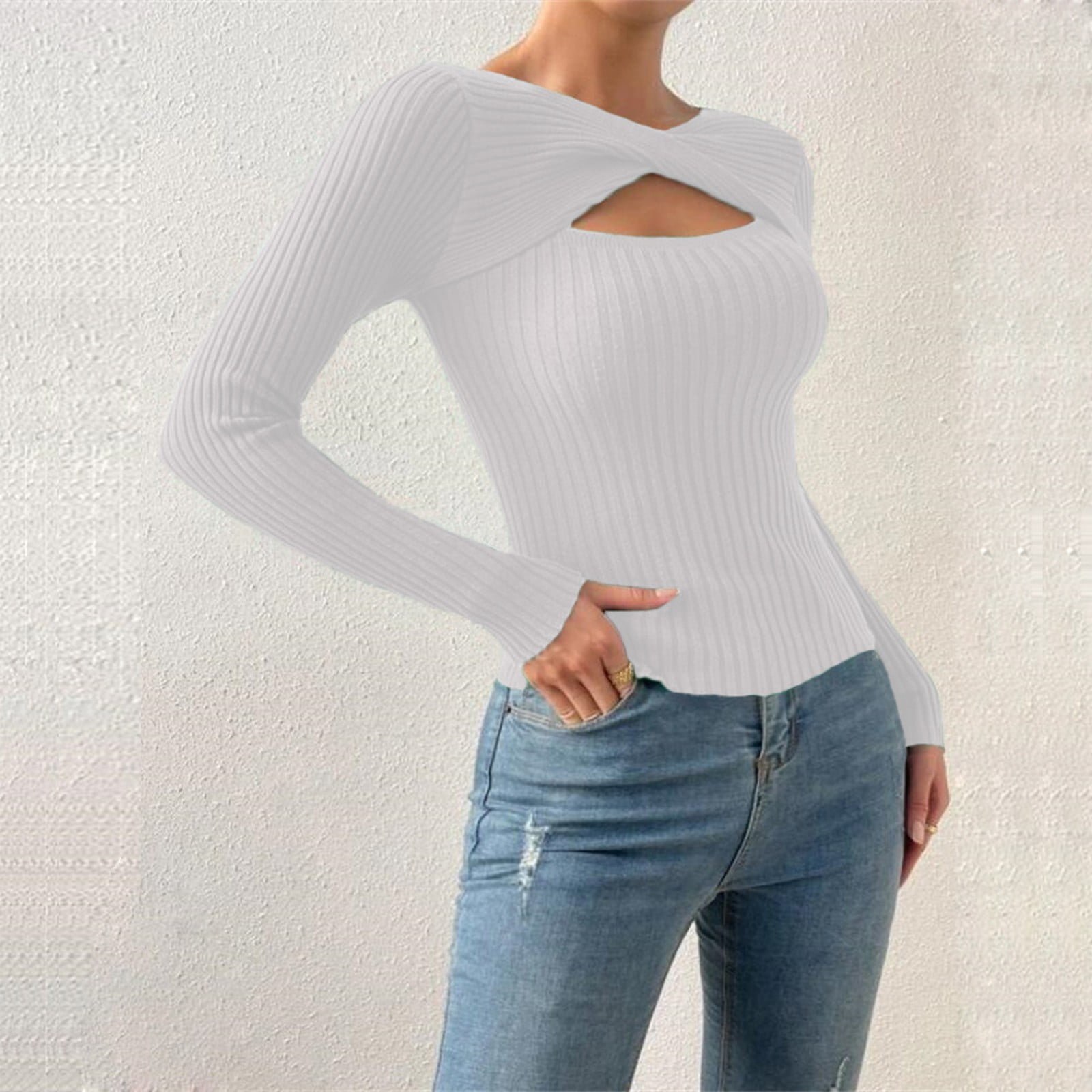 AYA Cutout Tops Trendy Sexy Long Sleeve Tops Solid Ribbed Knit Pullover Tops Slim Fit Basic ...