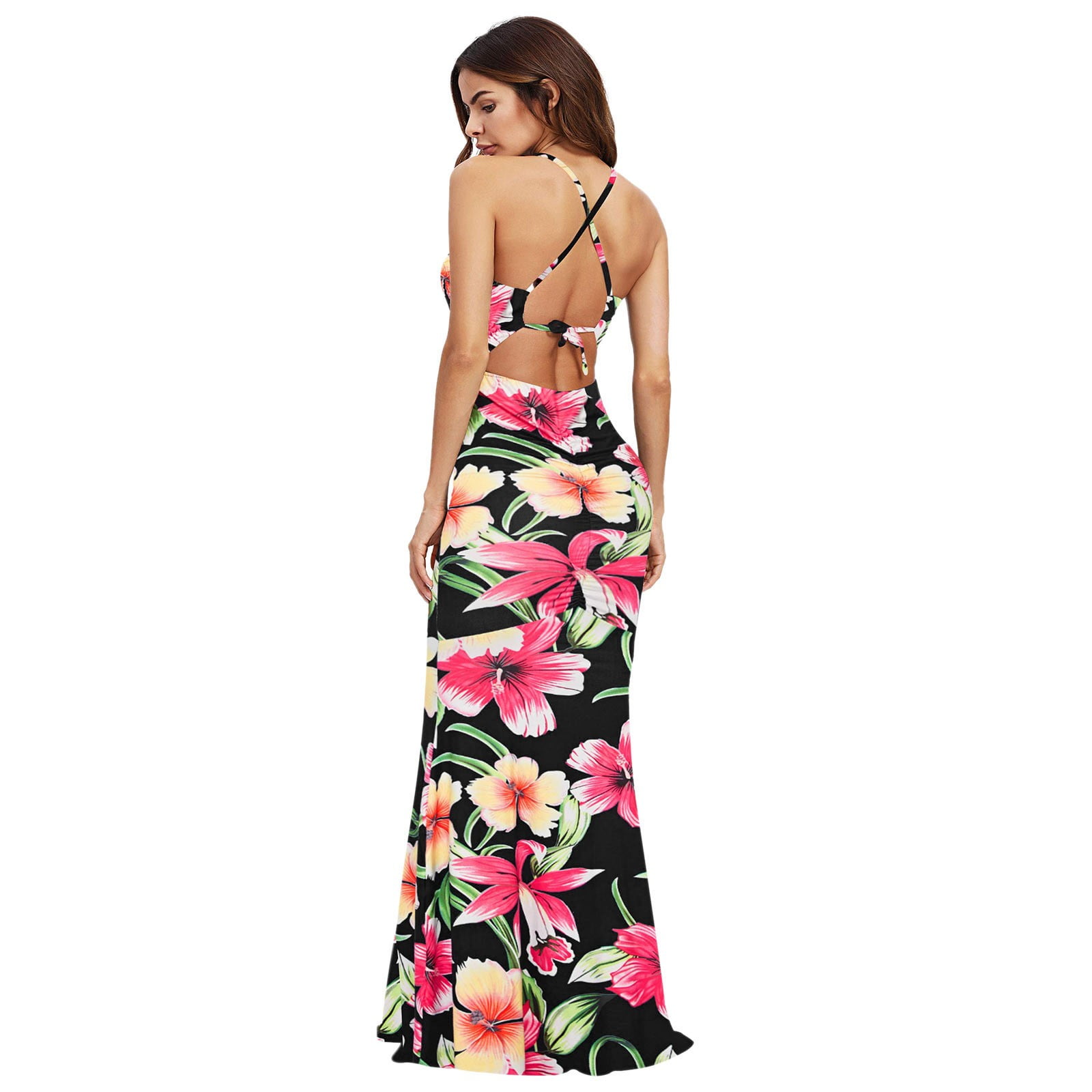 Aya Women Sexy O Neck Floral Print Strappy Backless Summer Evening