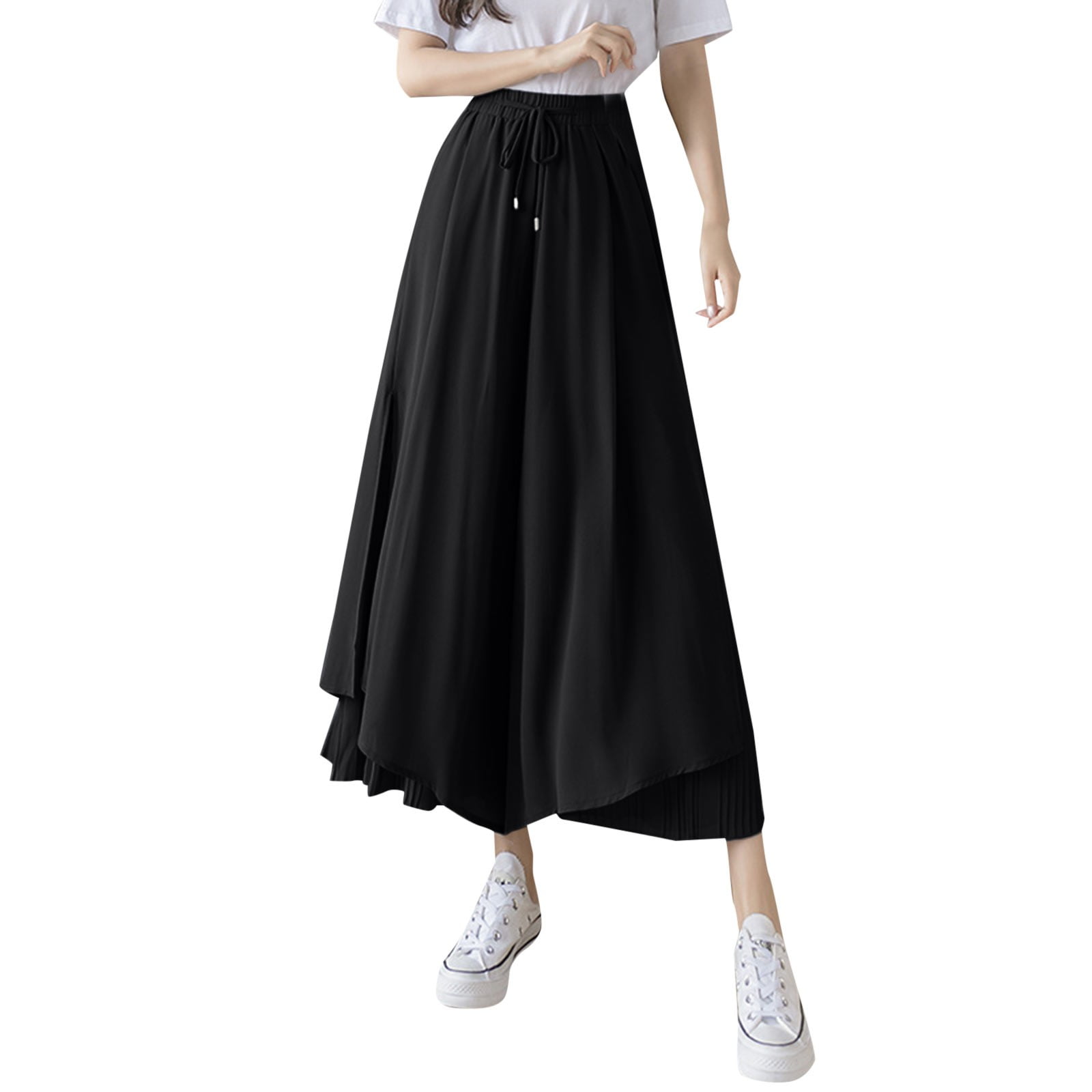 Aya Womens Pleated Chiffon Wide Leg Pants Casual Solid High Waist