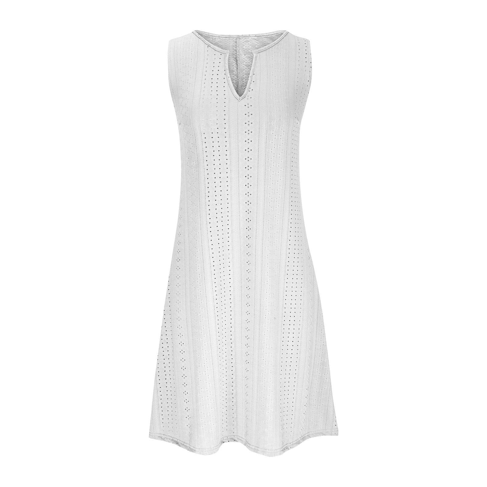Aya Womens Sleeveless V Neck Dress Casual Loose Fit Solid Color Eyelet