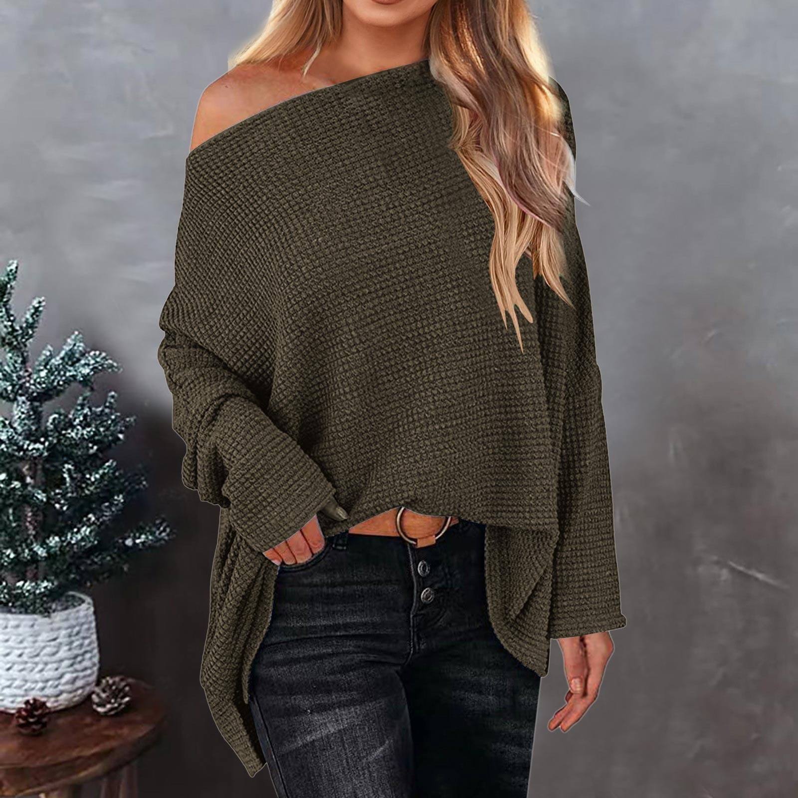 AYA Womens Off Shoulder Long Sleeve Oversized Pullover Sweater Knit ...