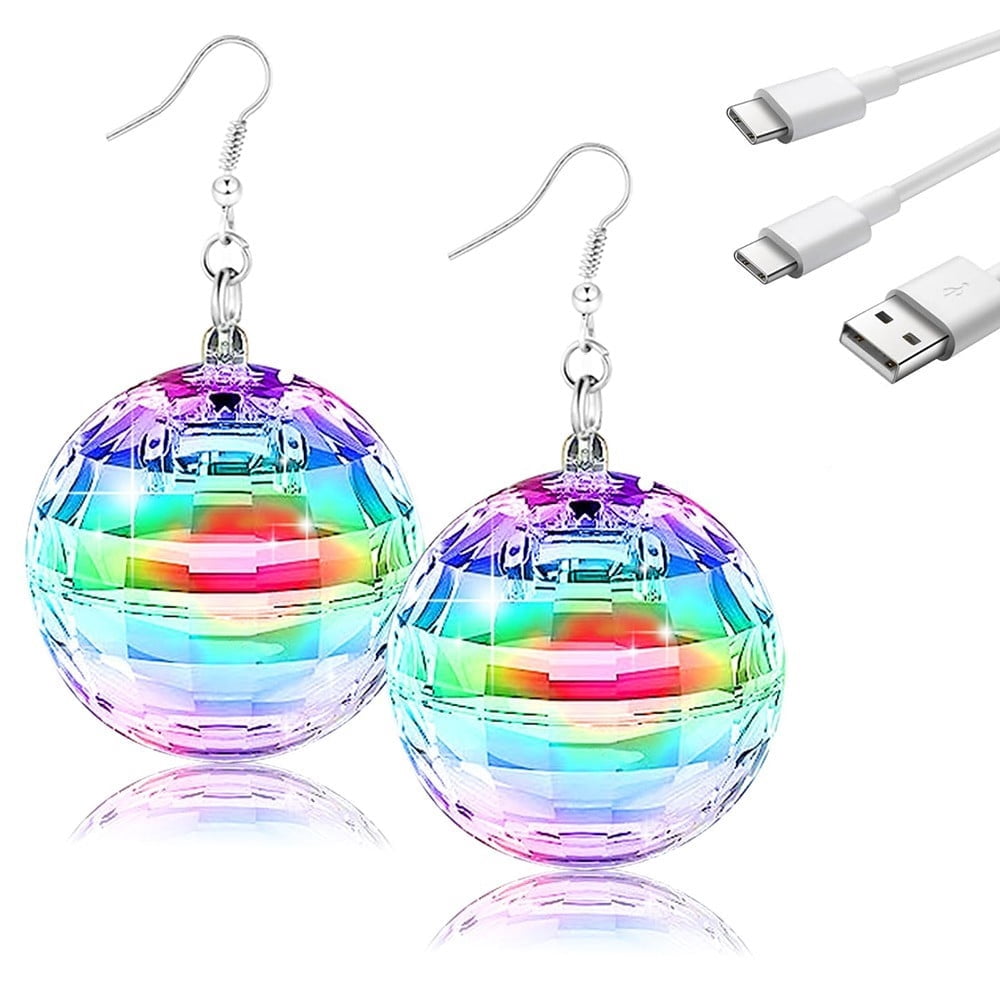 AYAMAYA 1 Pair Disco Ball Earrings, Rechargeable 16 Colors Light up LED ...