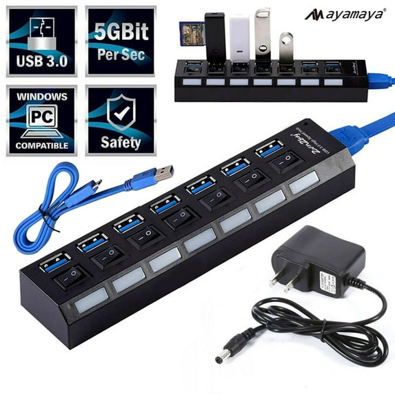 AYAMAYA 7-Port USB 3.0 with Plug High Speed Extension Charger Adapter with On/Off Switch & LED ...