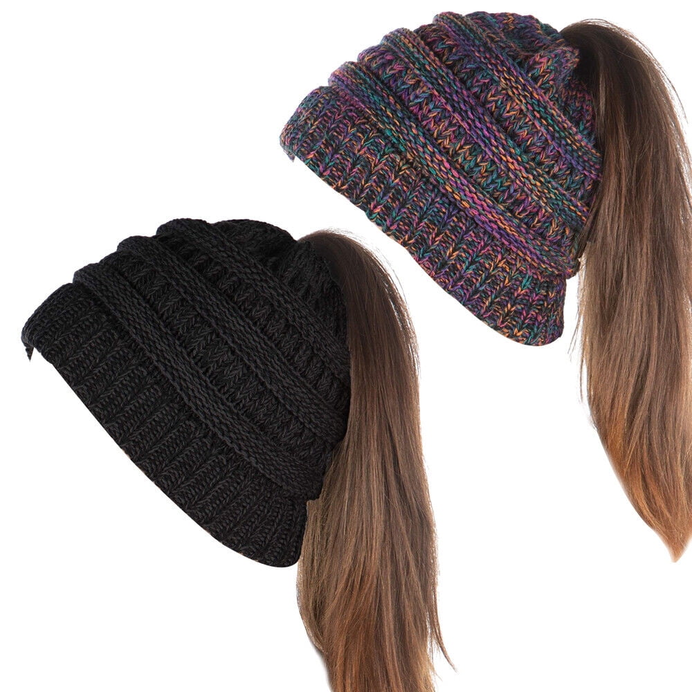 AYAMAYA Women Beanie Hat High Bun Ponytail Stretchy Knit Beanie Skull ...