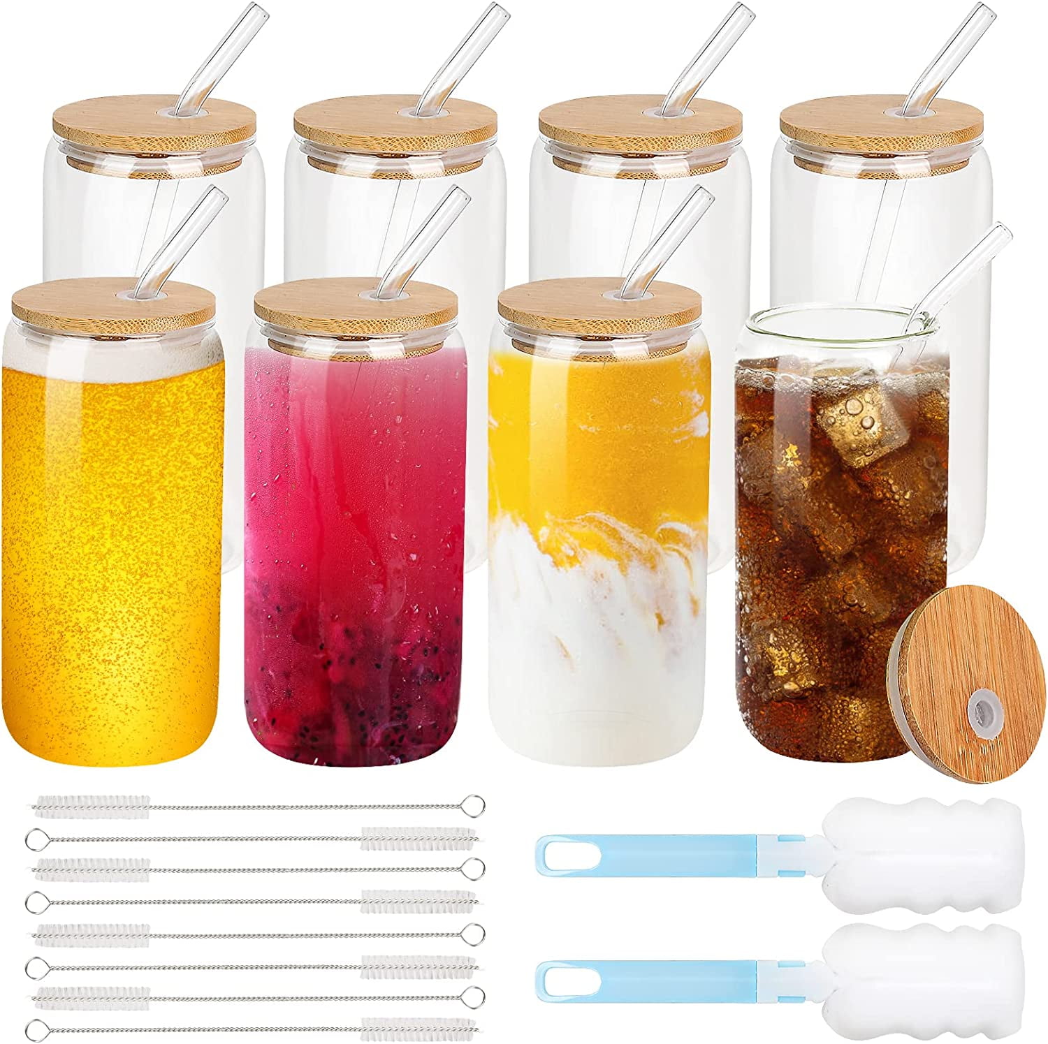 AYAOQIANG 16oz Glass Cups with Bamboo Lids & Straws, Iced Coffee, Soda ...