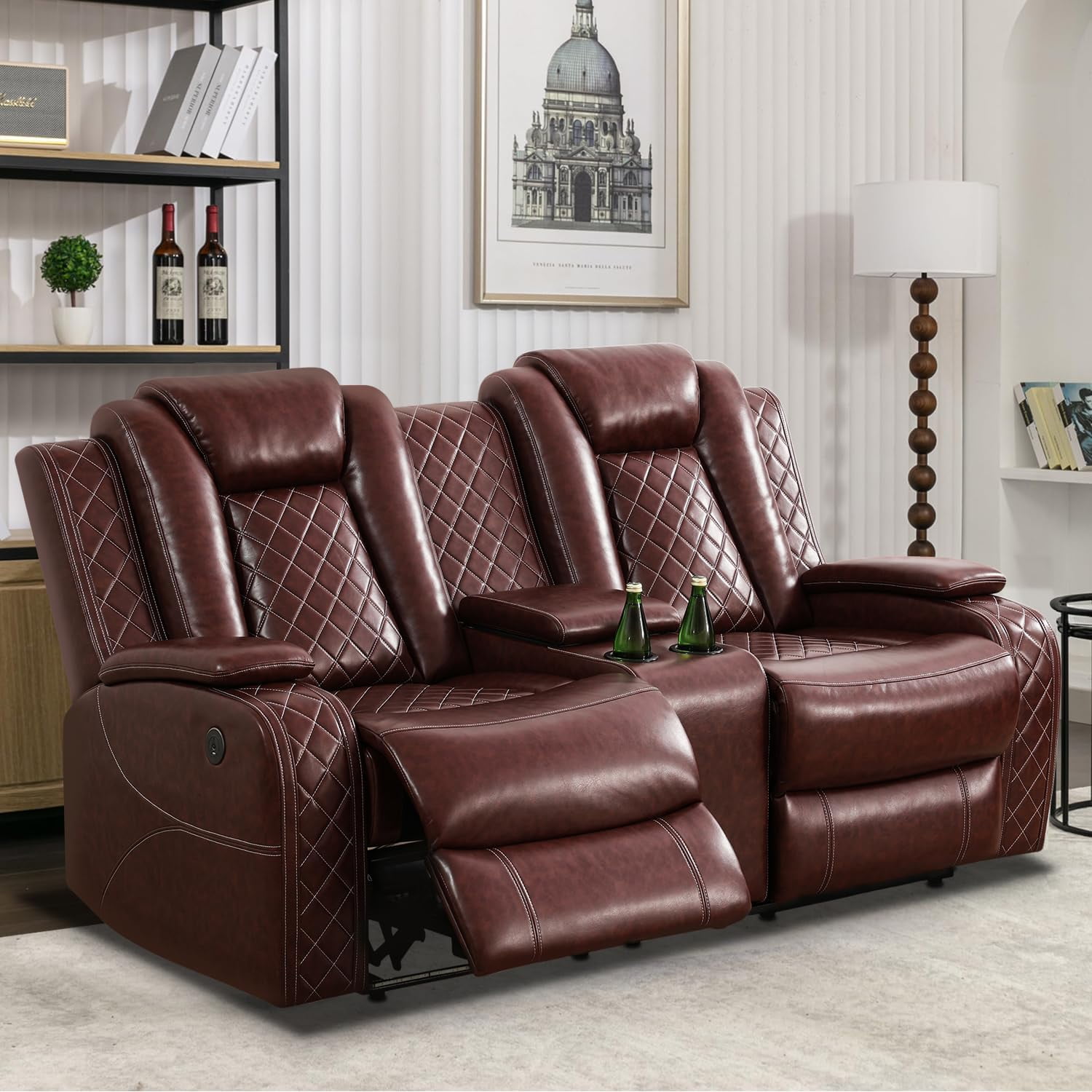 AYCP Multifunction Power Air Leather Recliner Sofa Set with LED Lights ...