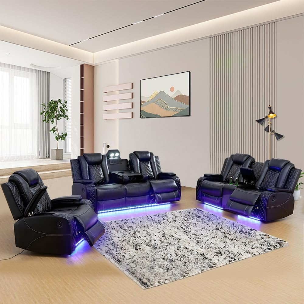 AYCP Multifunction Power Recliner Couch Set with LED Light, Storage ...
