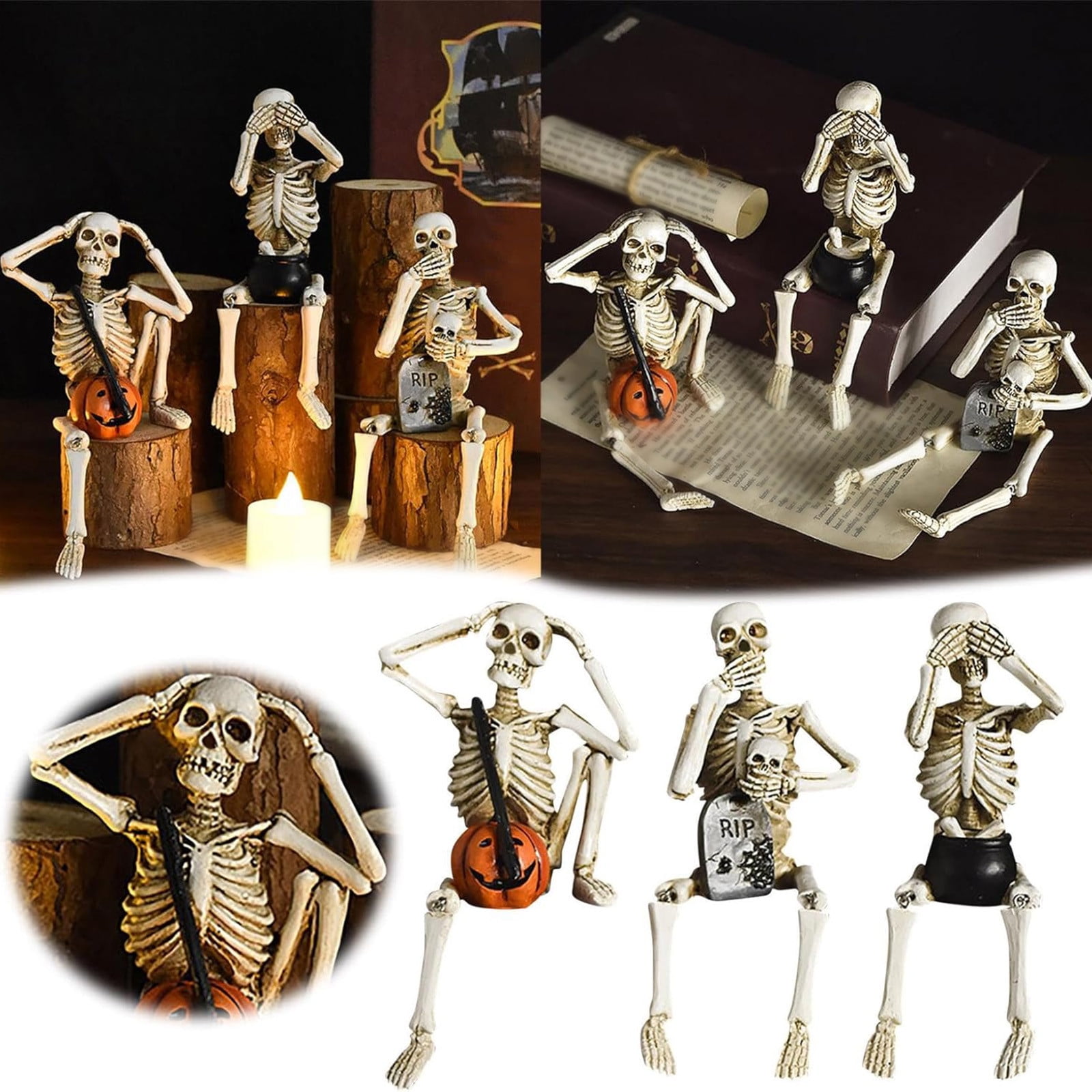 Summercome Set of 3 Halloween Statues, See Speak Hear No Evil Skeleton ...