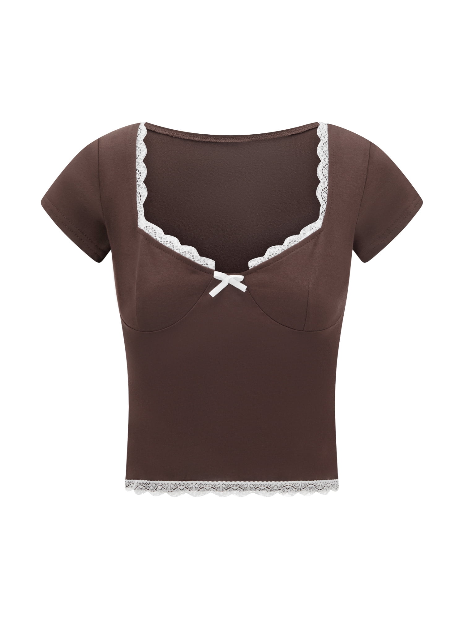 Aylmmrts Womens Short Sleeve Lace Trim Crop Top Sweetheart Neckline Top Patchwork Slim Fit