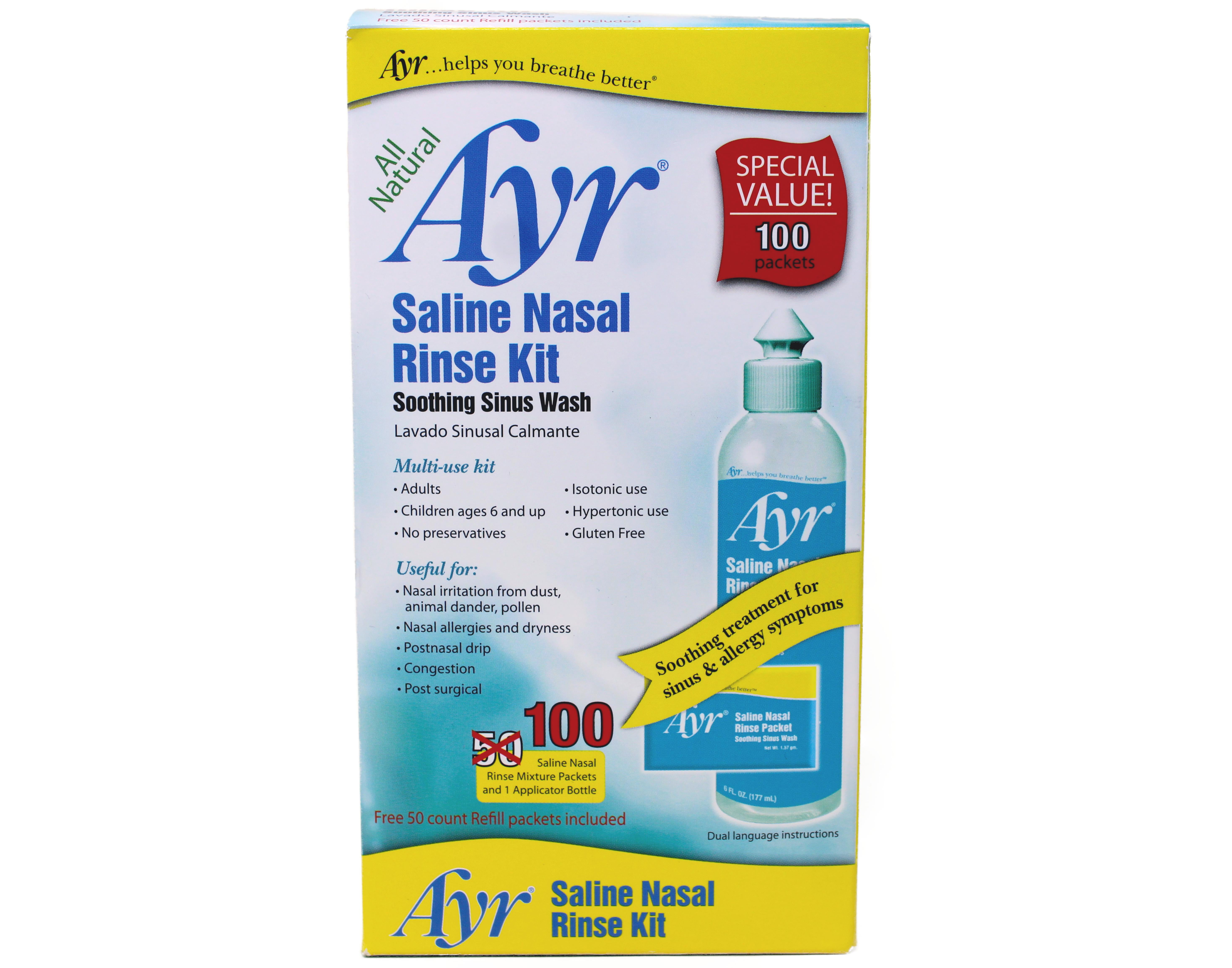 AYR Saline Nasal Rinse Kit, Soothing Sinus Wash, Multi-Use Kit for ...