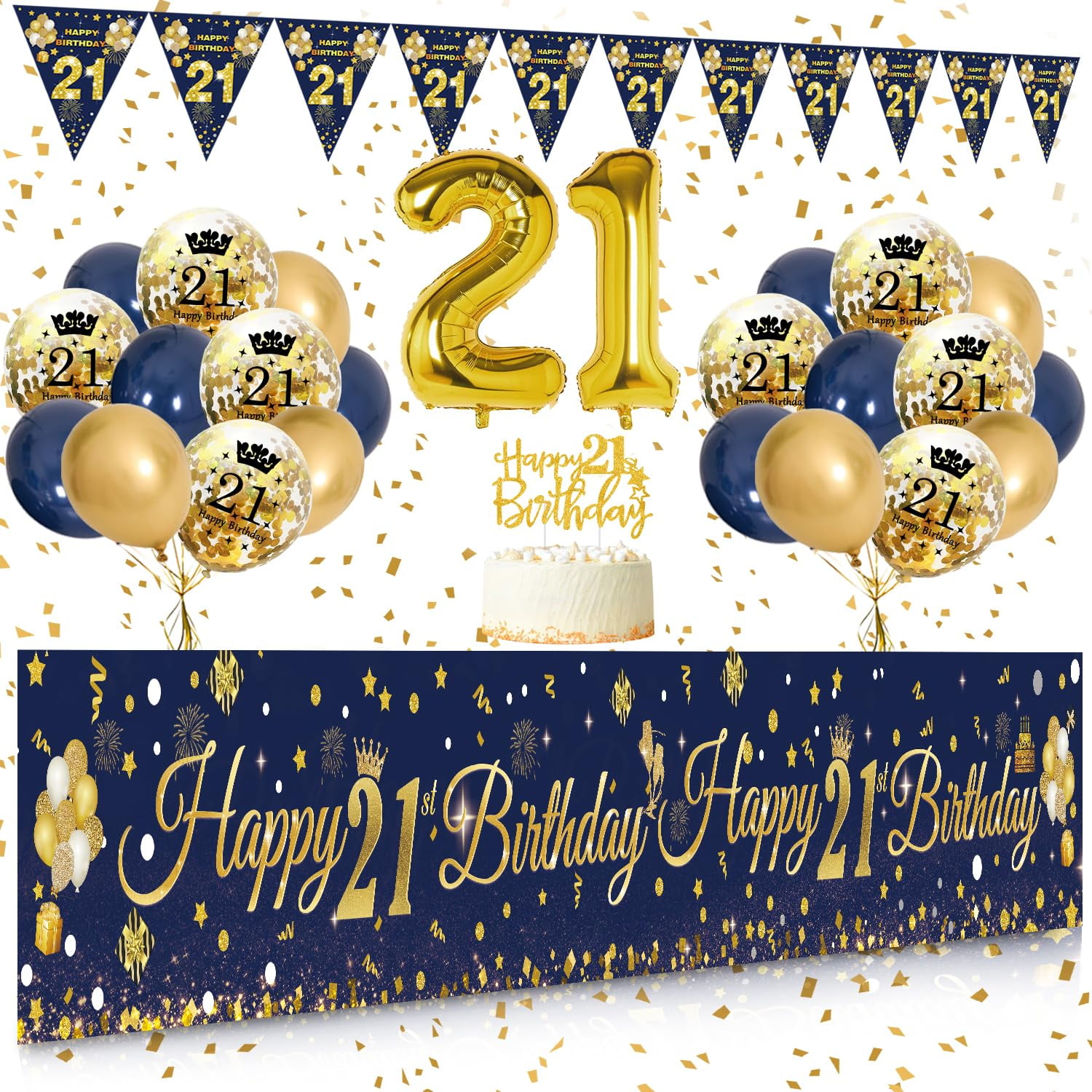AYUQI 21st Birthday Decorations, Navy Blue Gold Happy 21st Birthday ...