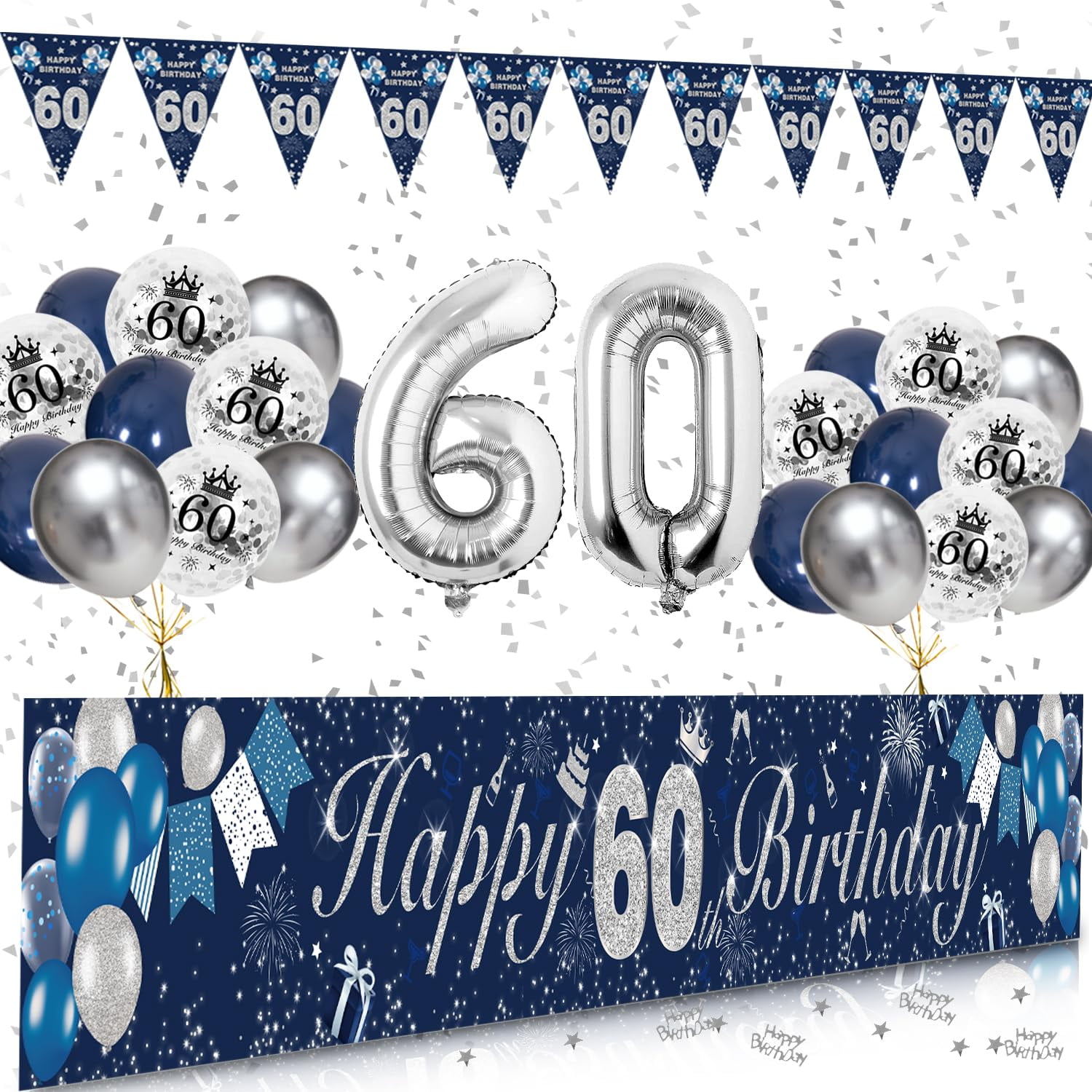 AYUQI 60th Birthday Decorations, Navy Blue Silver Happy 60th Birthday ...