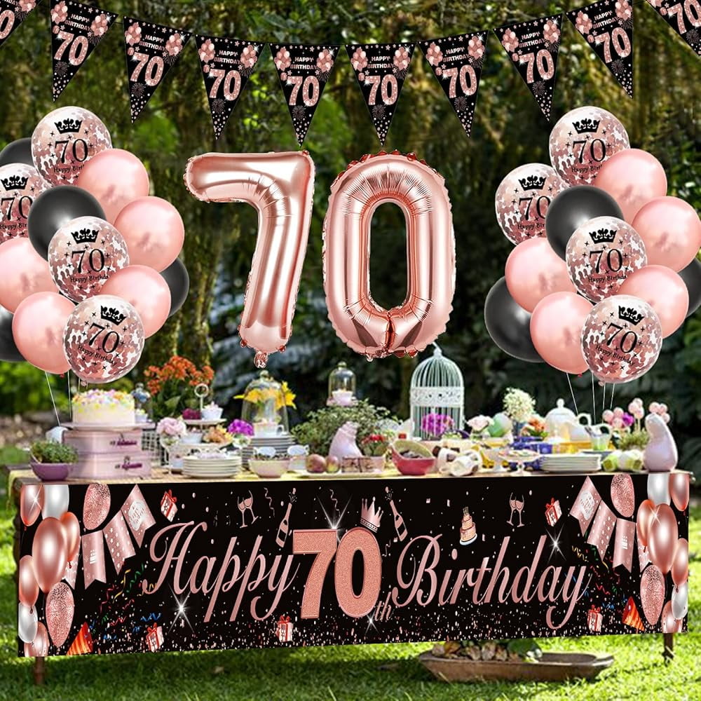 AYUQI 70th Birthday Decorations for Women, Black Rose Gold Happy 70th Birthday Banner with ...