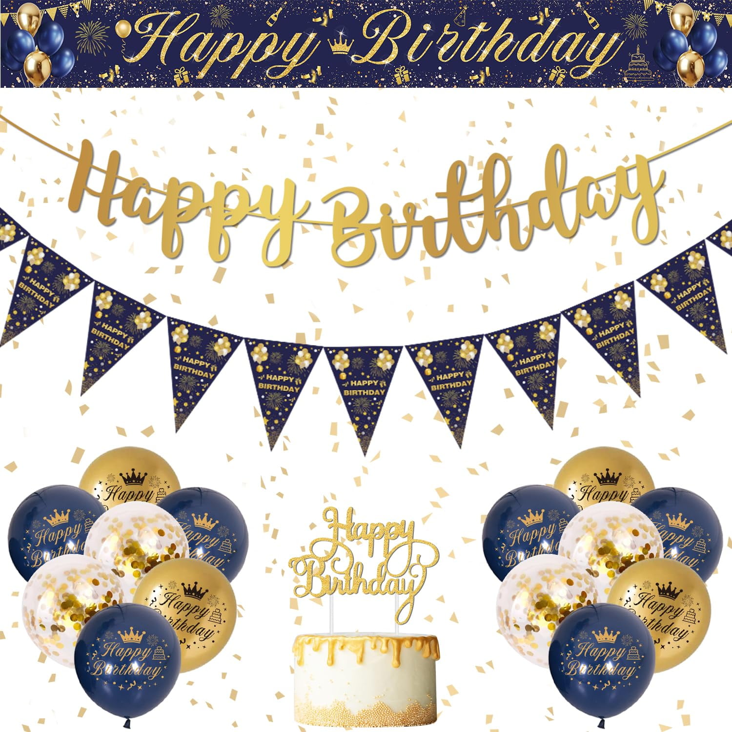 AYUQI Birthday Decorations for Men, Blue Gold Birthday Party Decorations with Happy Birthday ...